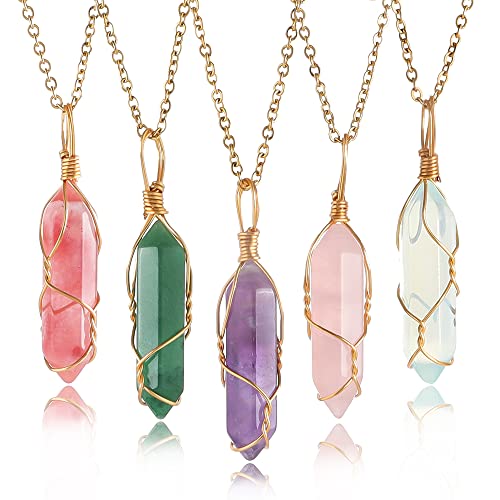 Lezam 5 Pcs Natural Hexagonal Crystal Necklace for Women Reiki Healing Crystals Pendant with Tree Wire Wrapped Gemstone Quartz Stone Pendants Necklaces