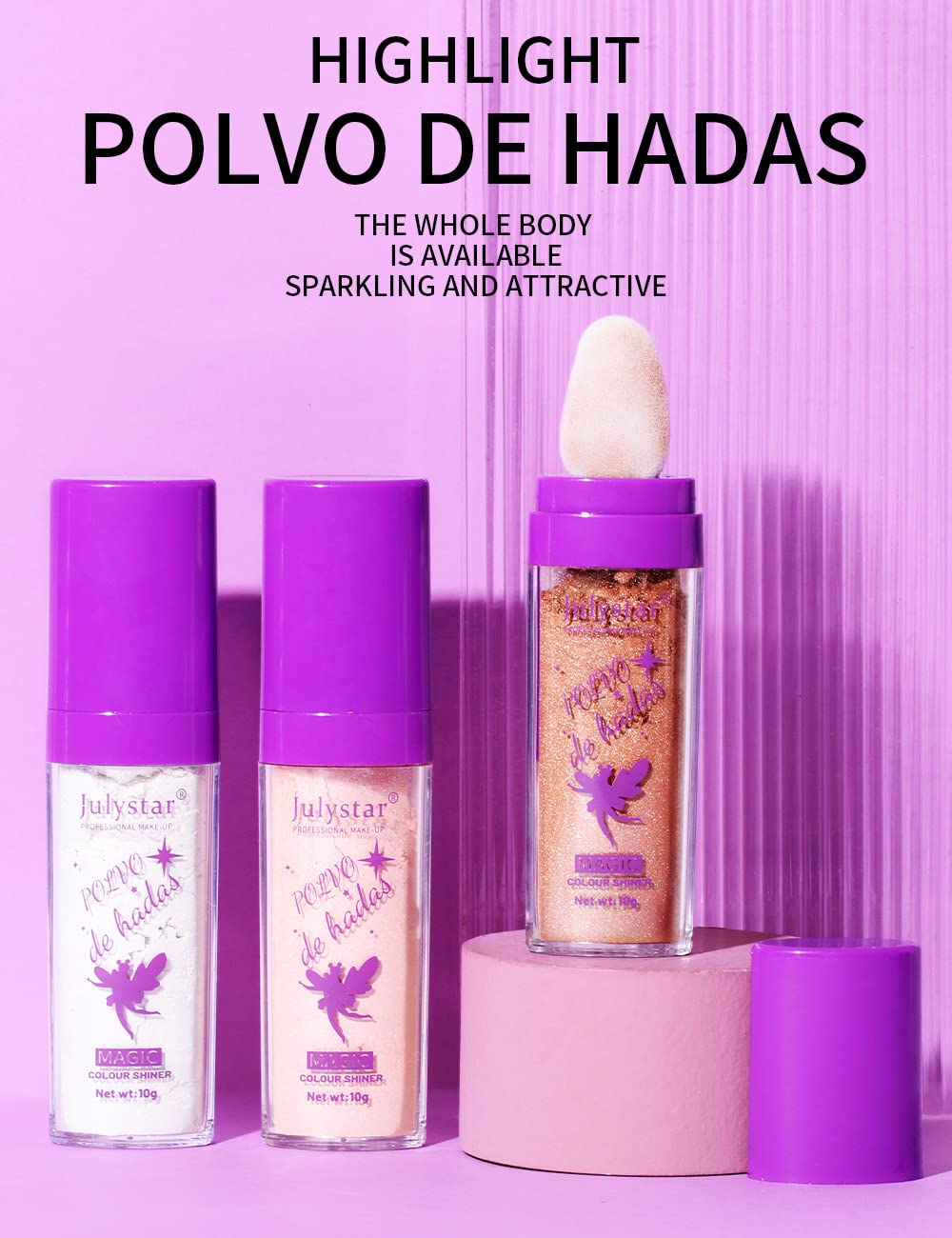 Polvo De Hadas Highlighter Stick Puff Fairy Stick Highlight Powder Glitter Loose Powder Brush Stick Contouring Powder Shimming Face Powder Blusher (#01 Pearl White)
