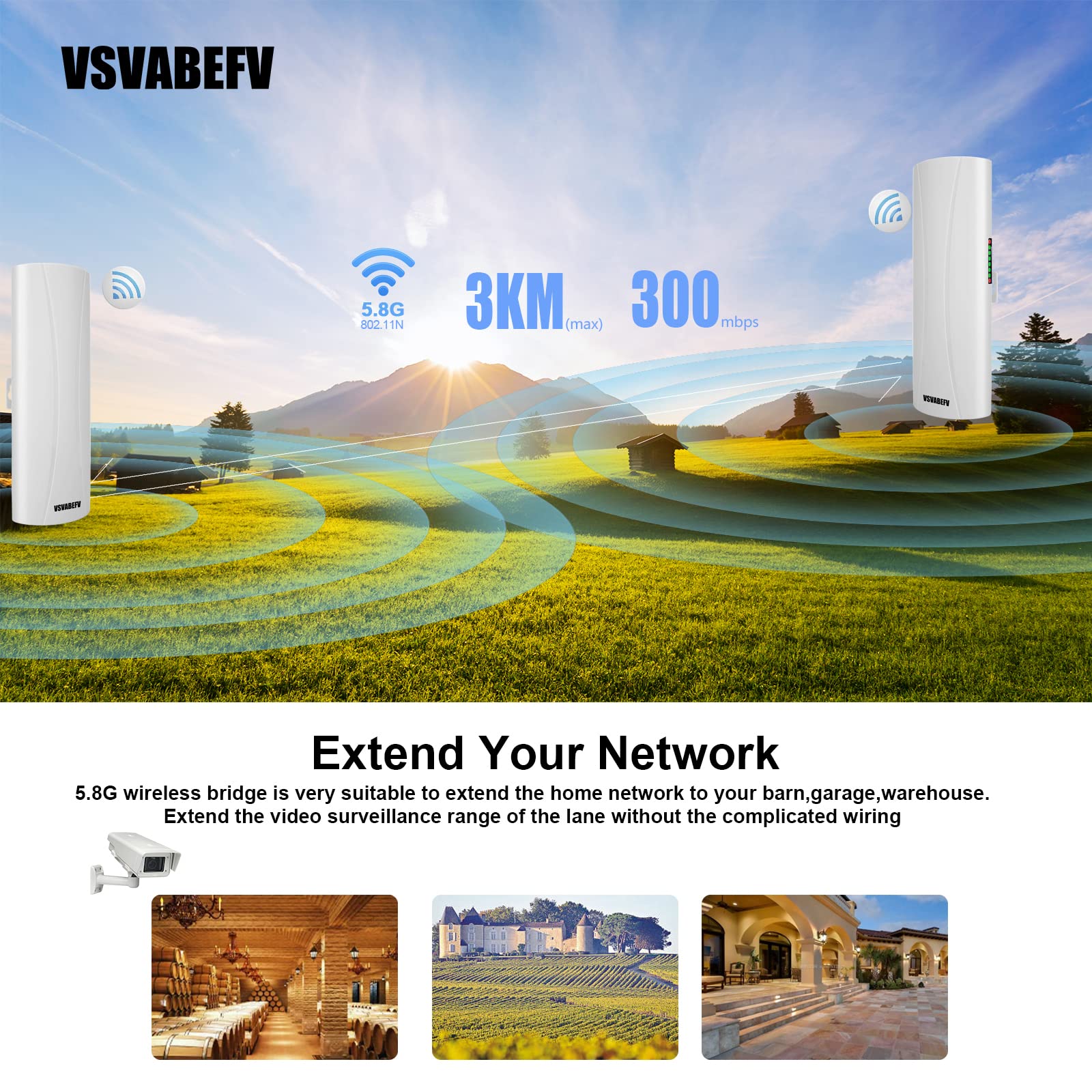 Point to Point Wireless Bridge Router,VSVABEFV 3KM Outdoor Long Range WiFi Bridge 5.8G 300Mbps Wireless Access Point Preset Wireless CPE kit 14dBi WiFi Signal Amplifier for Network Extension, 2-Pack