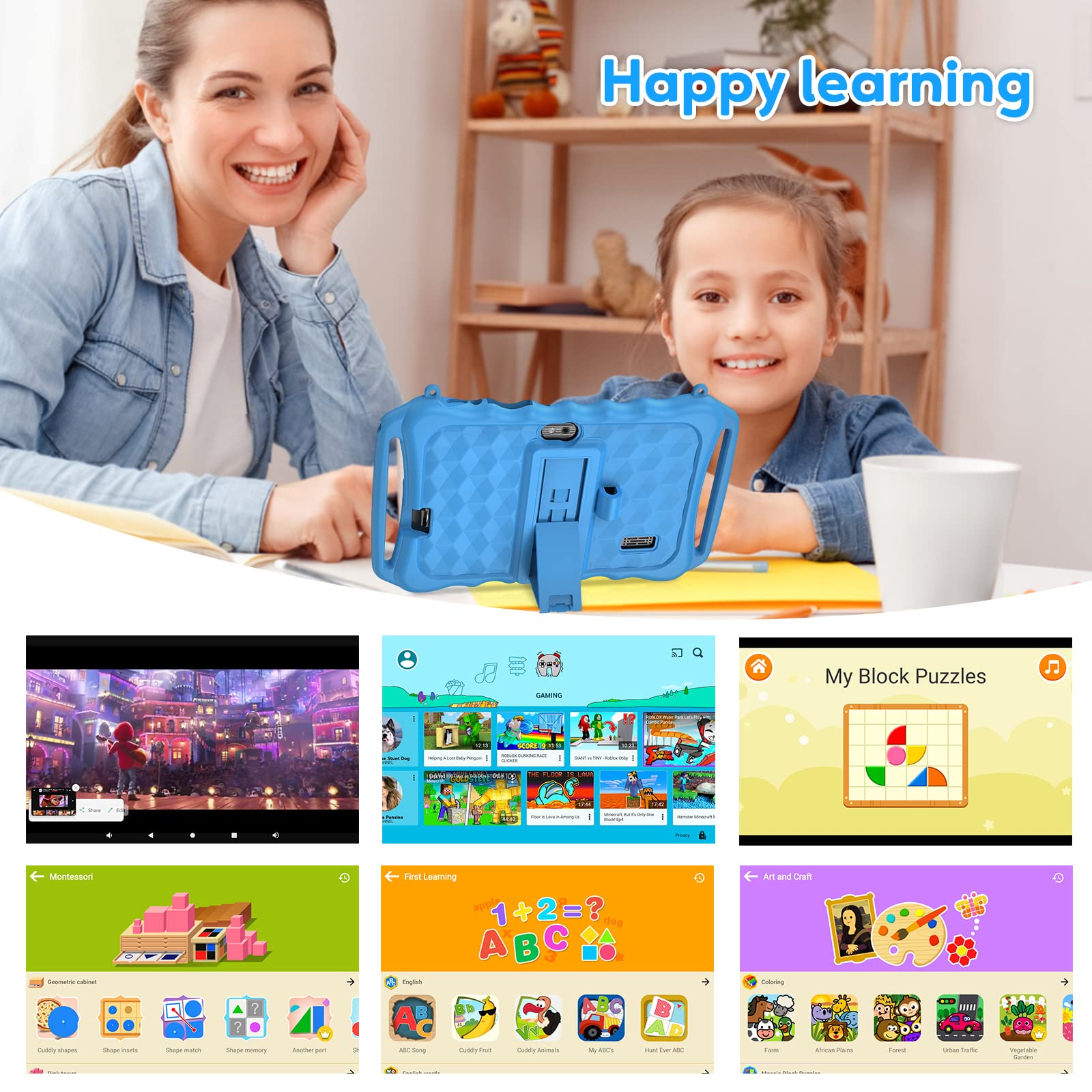 Kids tablet,7 inch Tablet for Toddlers 3GB RAM 32GB ROM, Android 12.0 Tablet for Kids with Dual Camera, WiFi, Bluetooth, Parental Control, Shockproof Case, YouTube, Netflix,Toddler Tablet for Children