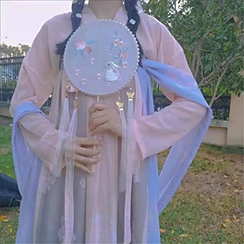 Lmtossey Vintage Round Fan Long Handle Tassel Dancing Hanfu Circular Fan Ancient Chinese Style Classical Printed Court Round Fan Wedding