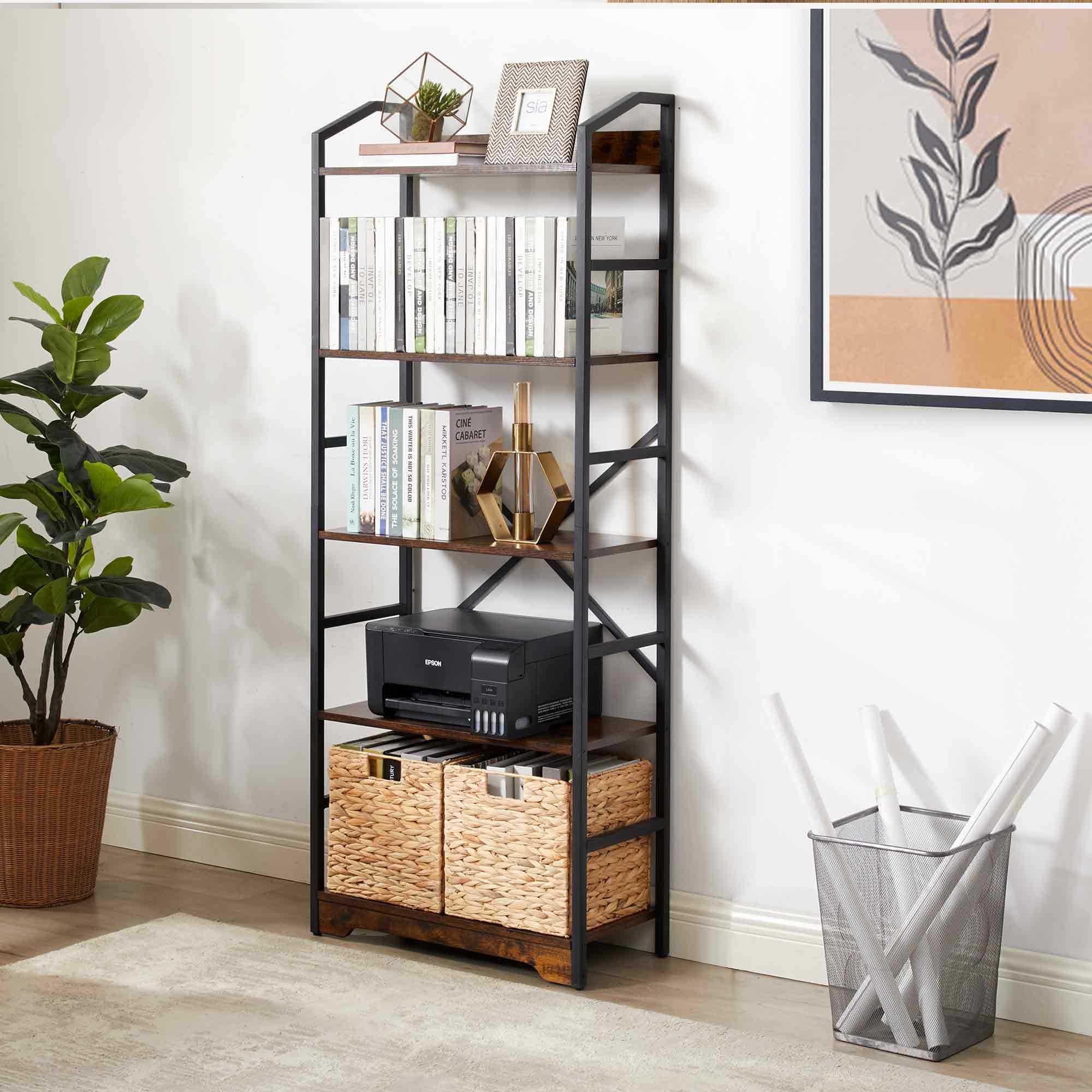 Vagusicc 5 Tier Bookshelf with 2 Storage Baskets, Tall Bookcase Shelf Storage Organizer Wood Book Shelf, Modern Shelf Rack Shelves with Steel Frame, Multipurpose Bookshelf for Bedroom Living Room