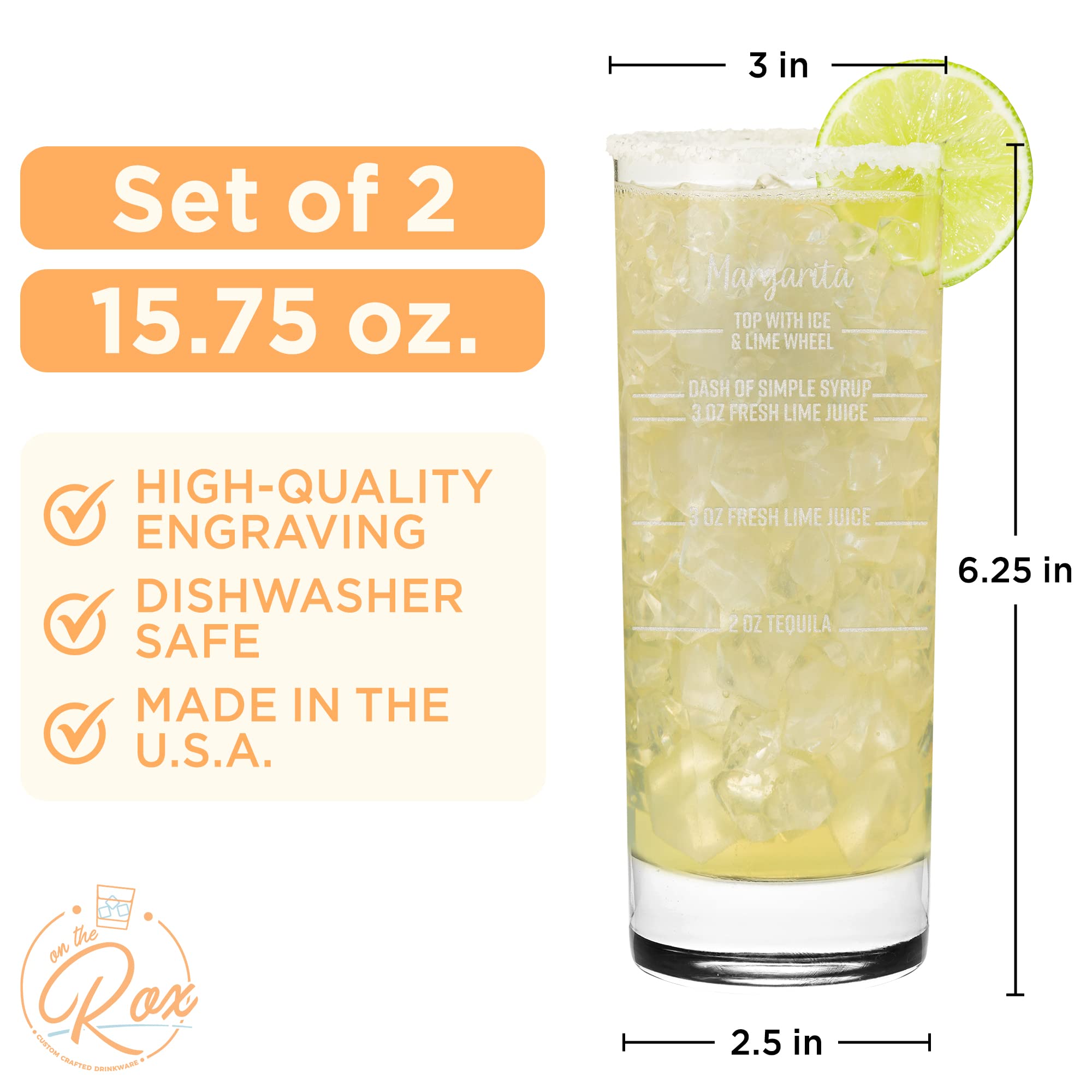 On The Rox Drinks Mocktail Recipe Highball Glasses - 15.75Oz Mocktail Party Drinking Glasses, Set of 4 - Tall Tom Collins, Mojito, Mixed Drink, Virgin Cocktail Glasses - Fancy Barware, Glassware Set