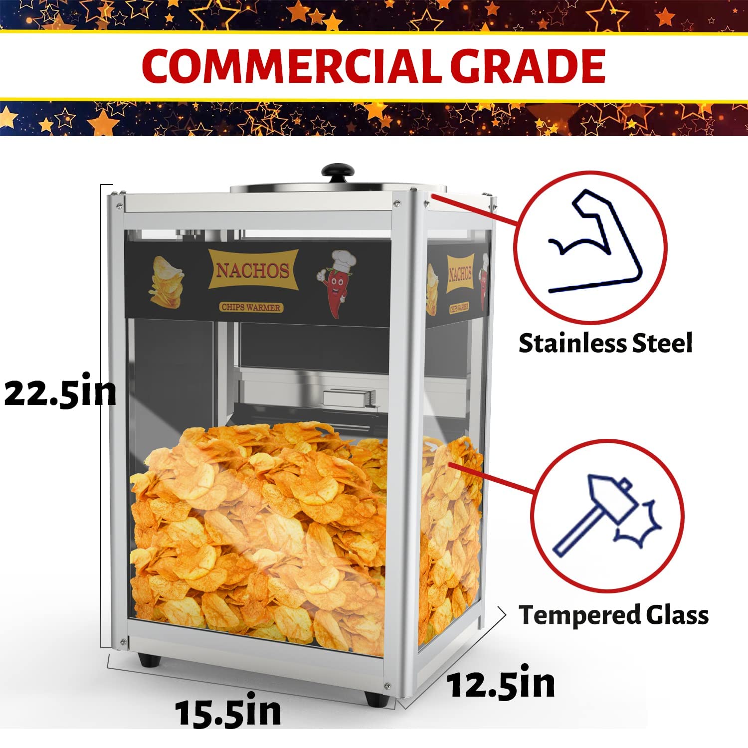 PYY Nacho Warmer Commercial Nacho Machine with Cheese Warmer Chip Warmer Nacho Station Display Stainless Steel Frames with 3 Styles Banner Stickers