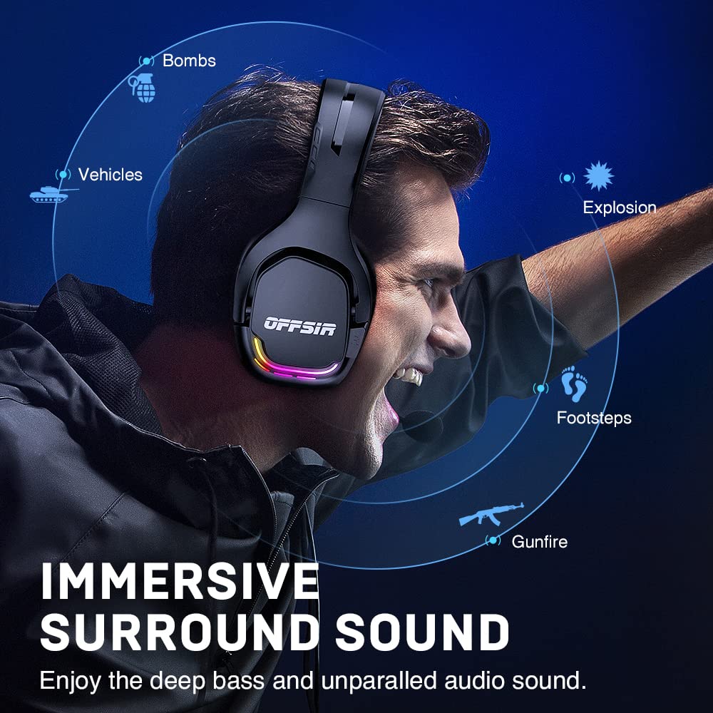 OFFSIR Wireless Gaming Headset with Noise Cancelling Microphone for PC PS5 PS4,Bluetooth Gaming Headset Surround Sound 2.4G USB Gamer Headphones with Mic RGB Lights for PlayStation Mac Computer Laptop
