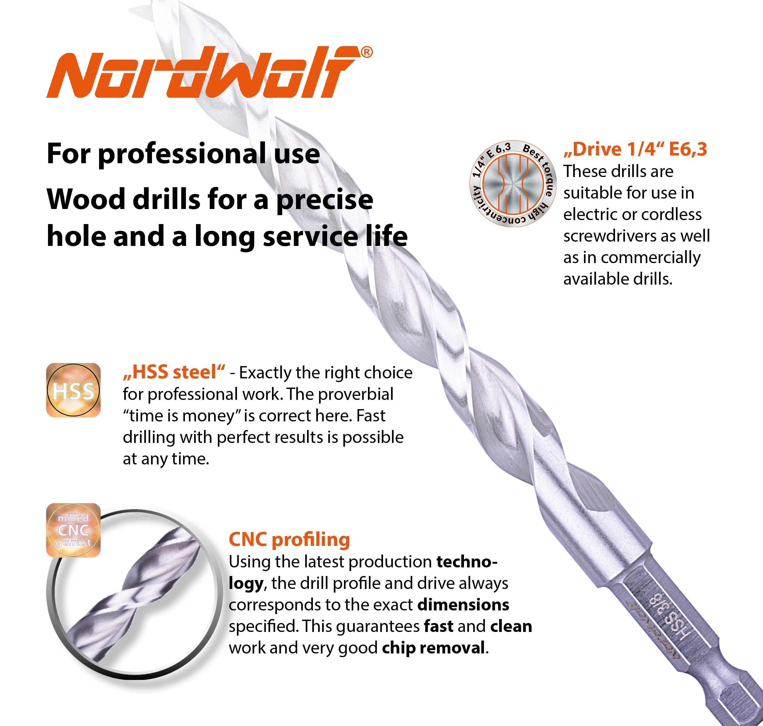 NordWolf 5-Piece HSS Brad Point Wood Drill Bit Set with 1/4" Hex Shank for Carpenter Woodworking, SAE Sizes 3/16"-1/4"-5/16"-3/8"-1/2"