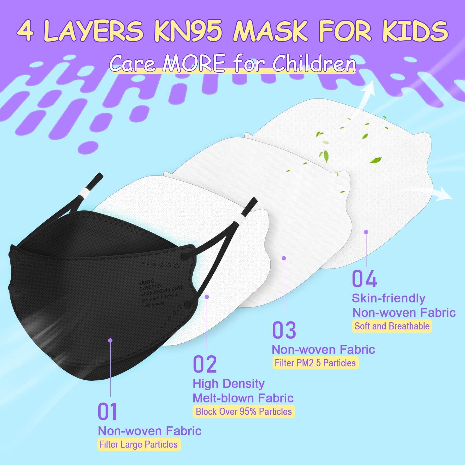 RANTO Kids KN95 Masks for Children 50 Pack, KN95 Mask 4-Ply with Ear Loop Adjuster, Against PM2.5 Dust for Girls Boys