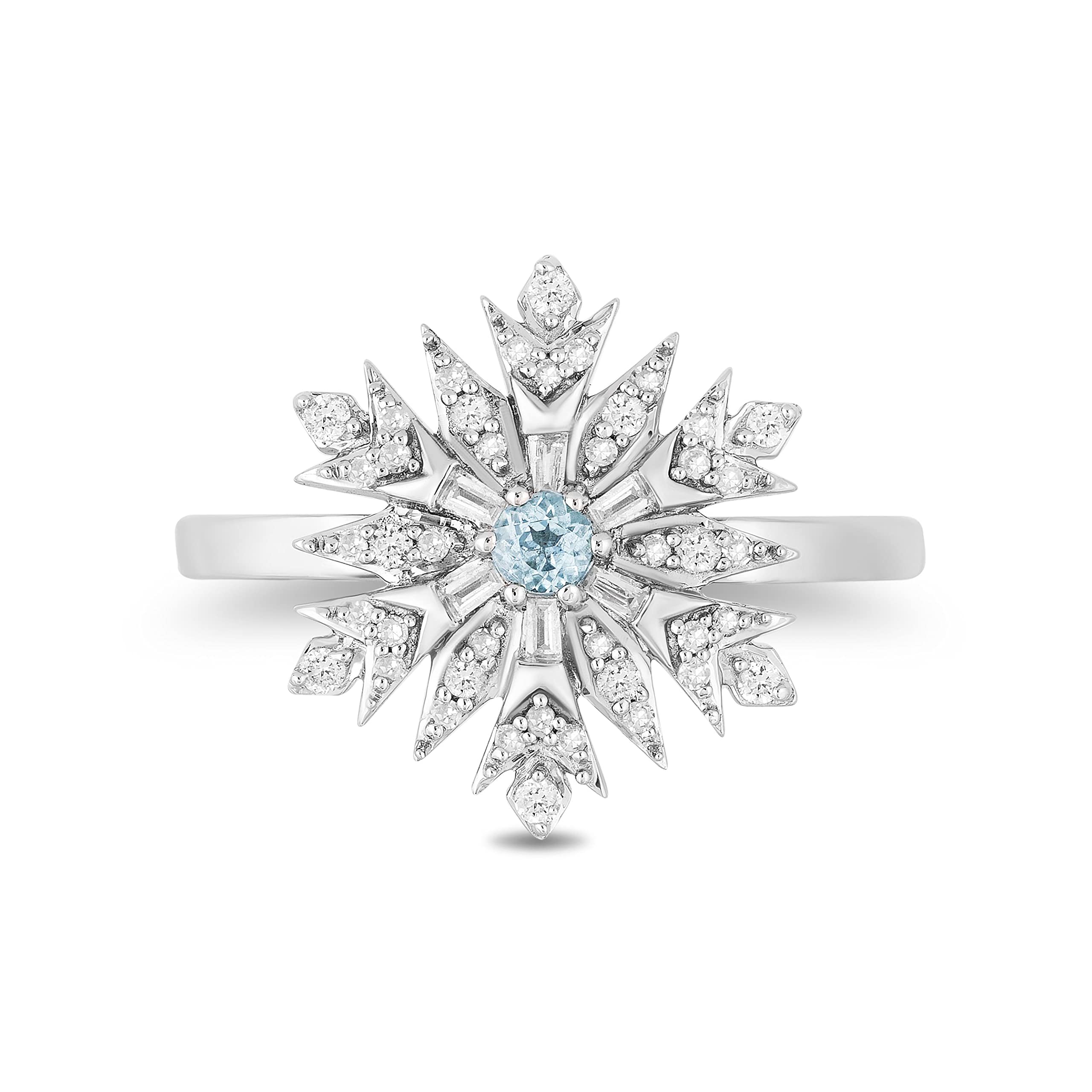 Jewelili Enchanted Disney Fine Jewelry Sterling Silver with 1/4 CTTW Diamonds and Sky Blue Topaz Elsa Snowflake Ring Size 8