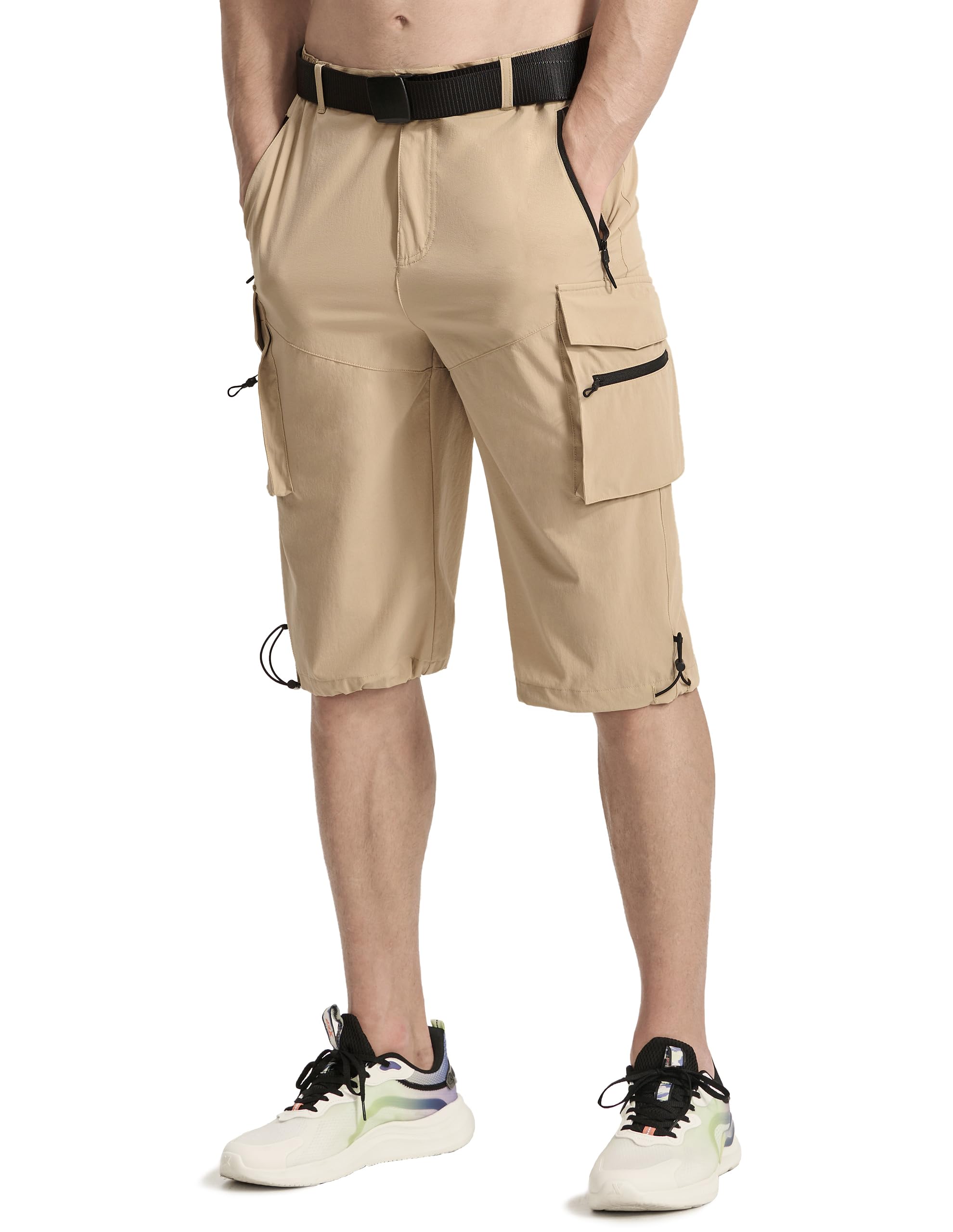 Pausel Men's Hiking Cargo Shorts Big and Tall Summer Capri Pants Travel Shorts with Zipper Pockets for Golf Fishing Camping Khaki 4XL