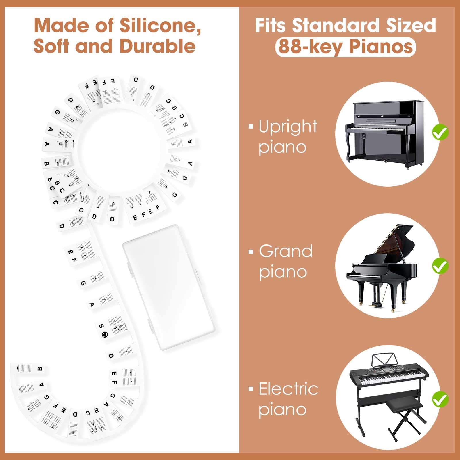Piano Notes Guide for Beginner, 88-Key Full Size, Removable Piano Keyboard Note Labels to Learning, Made of Silicone, No Need Stickers, Reusable Instantly(Classic Black)