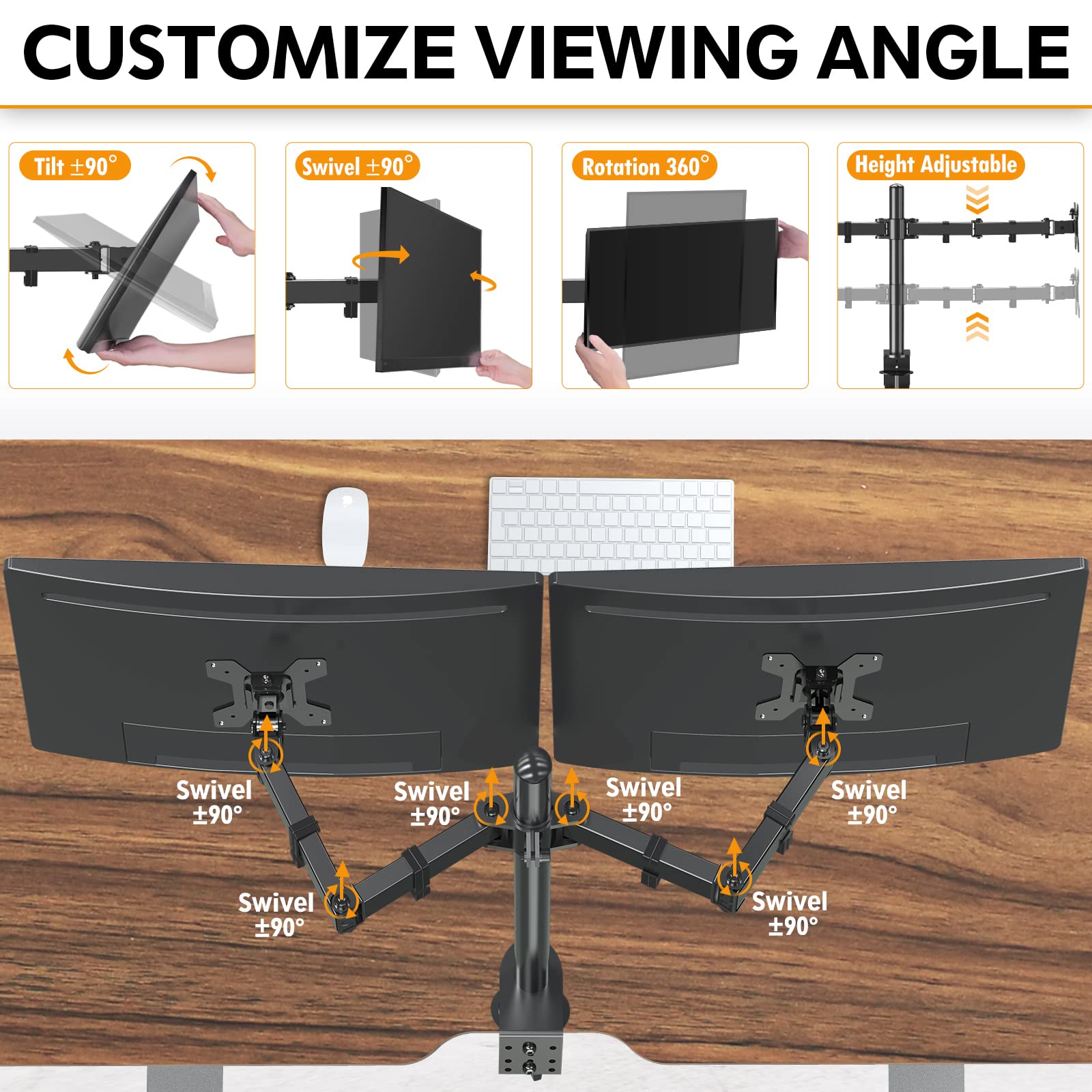 MOUNTUP Dual Monitor Stand + Full Motion Gas Spring Dual Monitor Desk Mount Bundle