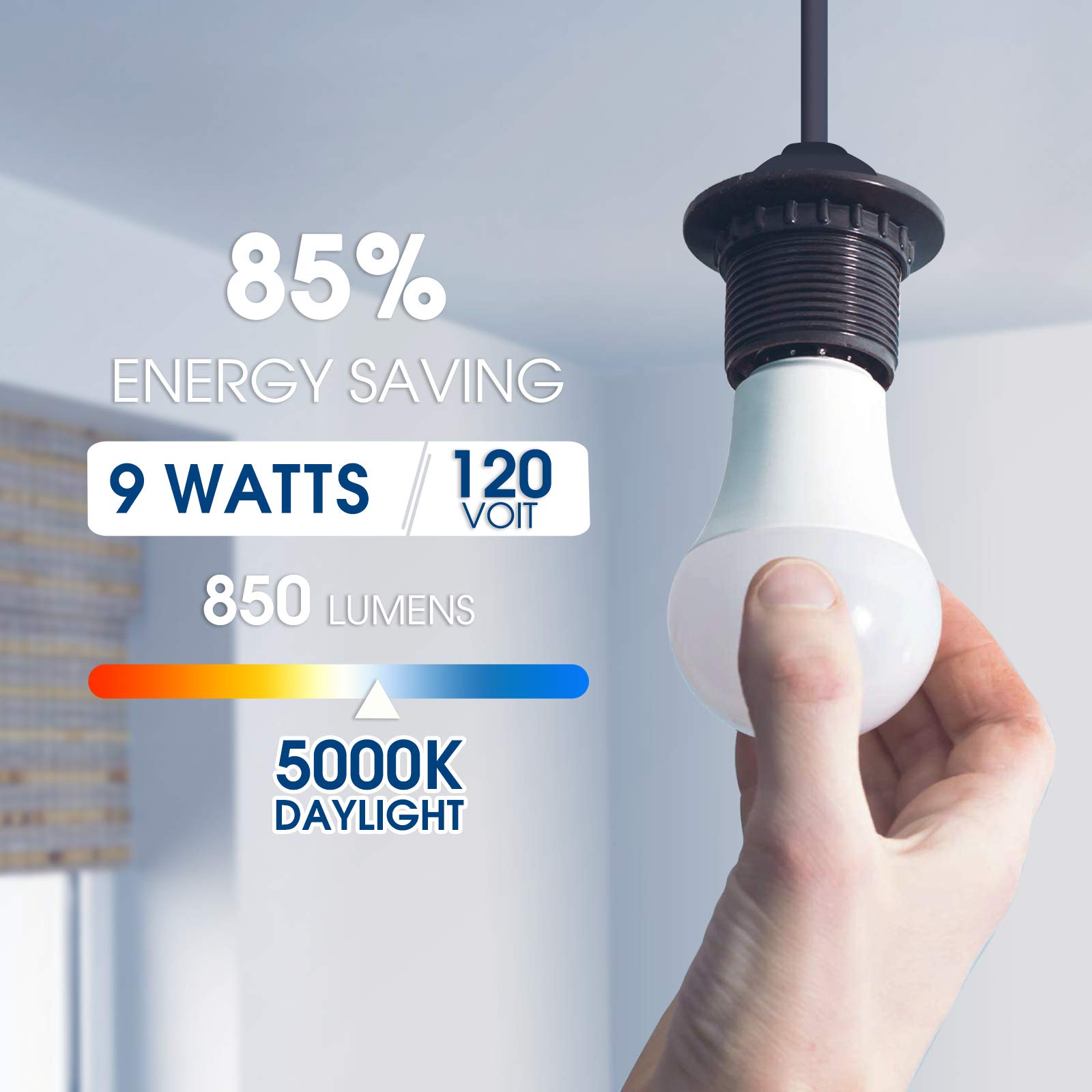 LOHAS A19 LED Bulb, 60Watt LED Light Bulb 9W, Daylight 5000K 850 Lumen E26 Base, 120V Energy-efficient Bedroom Lamps Pendant Fixtures Bedroom, Living Room Kitchen Office, Dimmable, 3 Pack