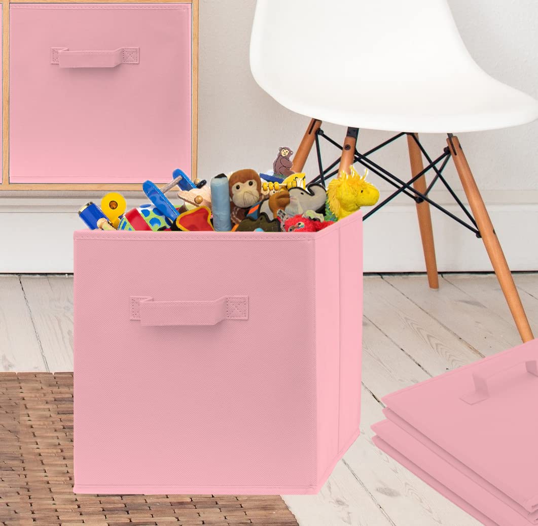 Pomatree 13x13x13 Inch Storage Cubes - 4 Pack - Large and Sturdy Storage Bins | Dual Handles, Foldable | Cube Organizer Bin | Fabric Baskets for Organizing Closet, Clothes and Toys (Pink)