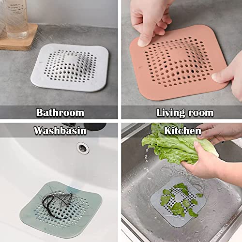 Shower Hair Drain Catcher, 4 PCS Raised Square Shower Drain Covers with Suction Cup, Silicone Drain Hair Catcher Hair Stopper Drain Cover for Bathroom Bathtub Kitchen (Multicolor)