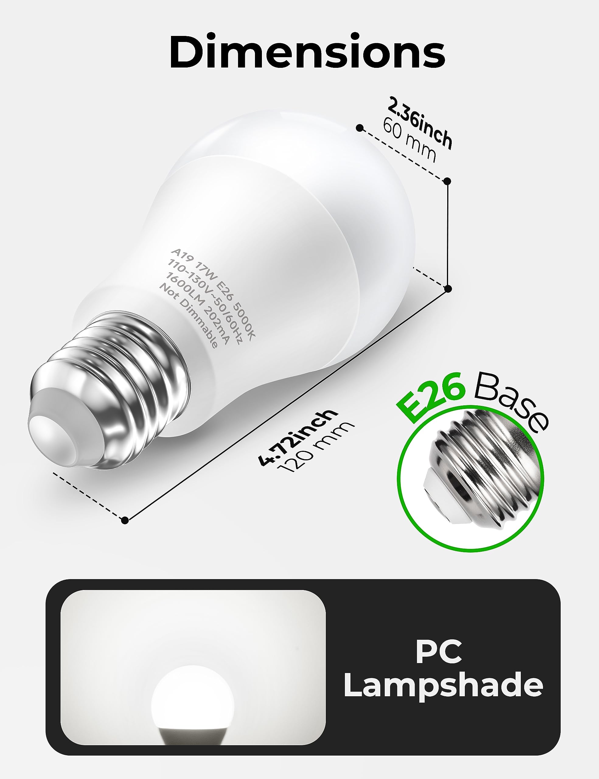 UNILAMP A19 LED Bulb 150 Watt Equivalent, 17W 1600LM Daylight White 5000K Light Bulbs, E26 Energy Efficient Standard Light Bulbs for Garage, Home, Office, Not-Dimmable, 4 Pack