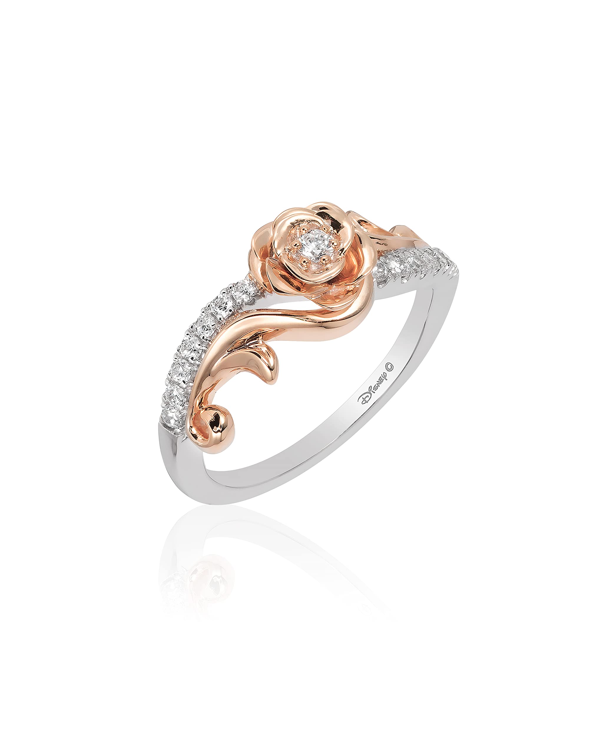 Jewelili Enchanted Disney Fine Jewelry 10k White and Rose Gold 1/5 Cttw Diamond Belle Rose Ring Size 8