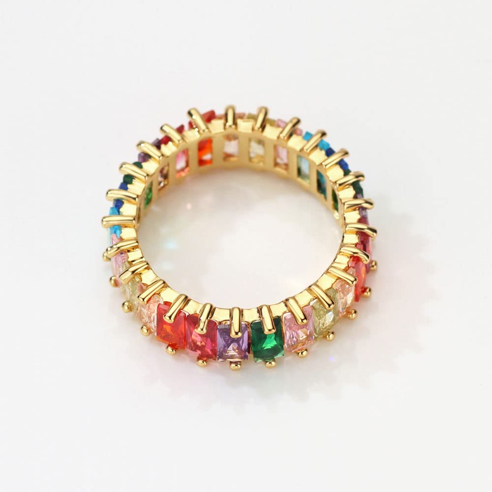 Michooyel Eternity Rainbow Ring Band Ring for Women 18K Gold Plated Baguette Multicolor Cubic Zirconia Eternity Ring