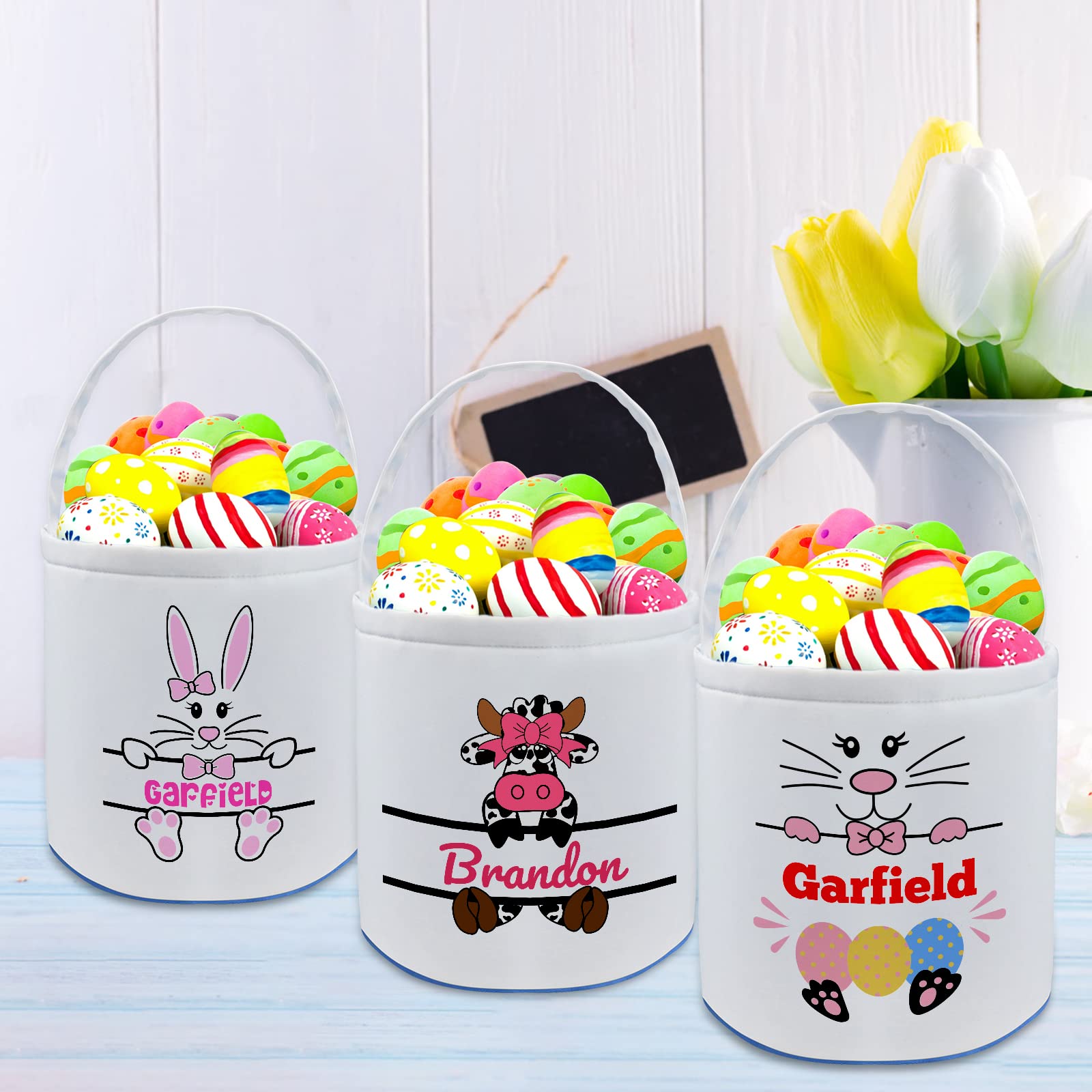 Personalized Buny Easter Basket with Name Custom Canvas Eggs Hunt Baskets for Candy Customized Tote Gift Bags for Boys Girls