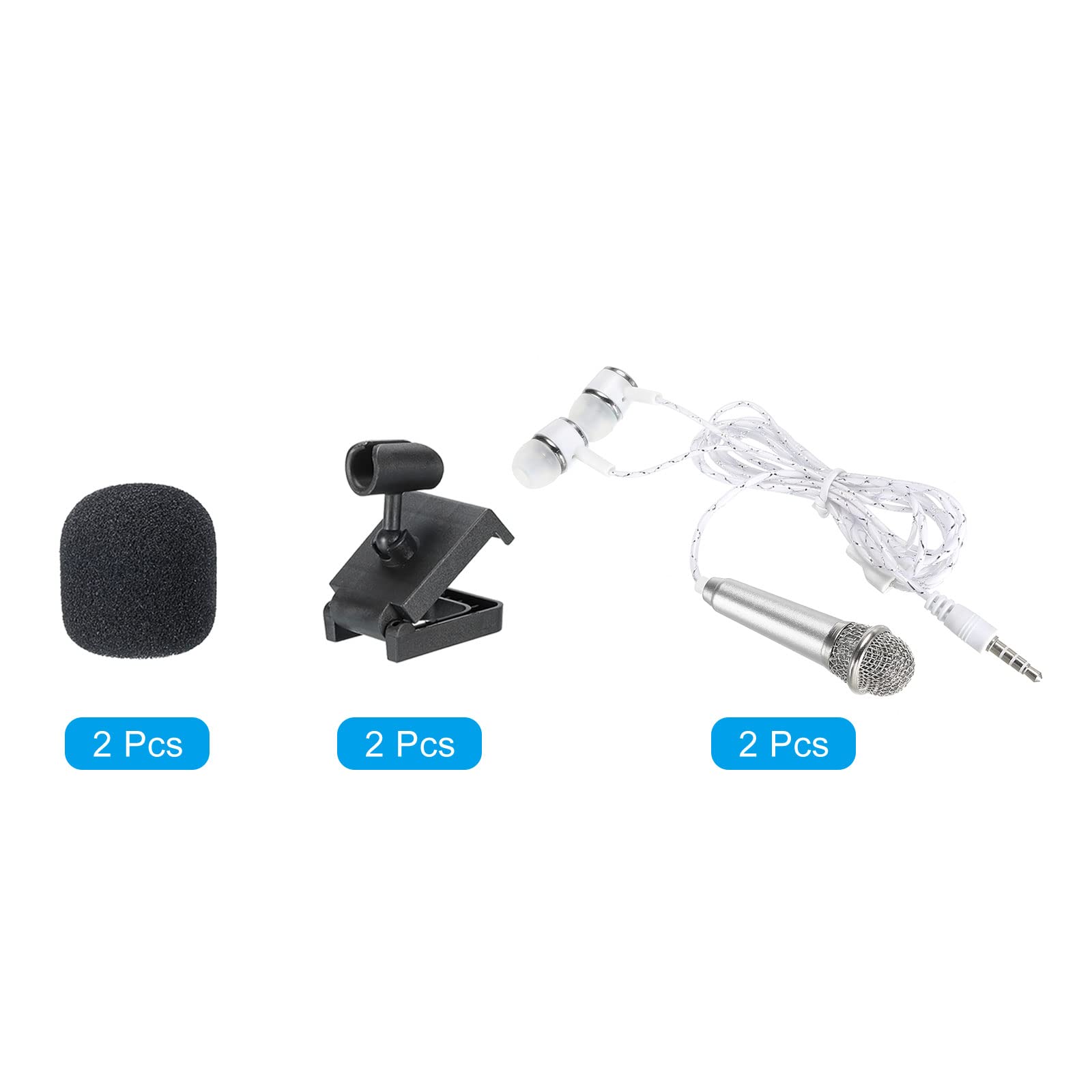 PATIKIL Mini Microphone Portable Vocal Microphone Silver for Voice Recording and Singing with Earphone, Mic Stand and Cover Pack of 2