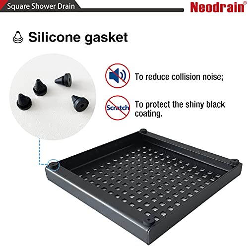 Neodrain 4-Inch Square Shower Drain with Removable Quadrato Pattern Grate,Brushed 304 Stainless Steel Square Drain, with Watermark&CUPC Certified, Hair Strainer,Black