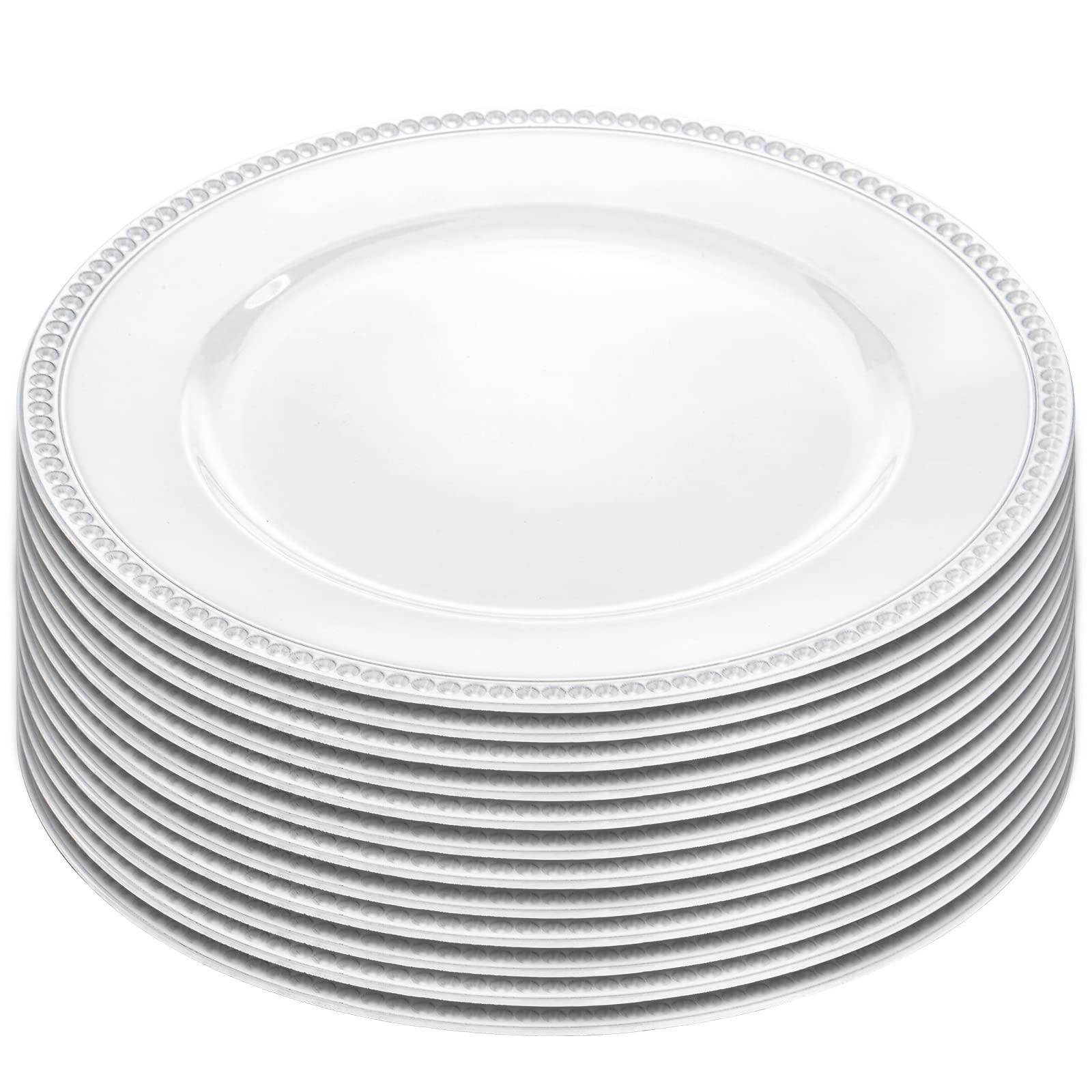 Okllen 12 Pack Plastic Round Charger Plates, 13" Dinner Chargers Decorative Plates with Beaded Rim, Embossed Charger Serving Plates for Wedding, Catering Event, Tabletop Decor, White