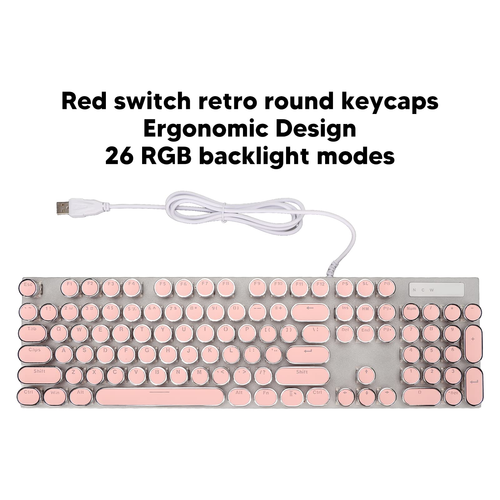 Pomya 104 Keys Mechanical Keyboard, Typewriter Style Red Switch Mechanical Gaming Keyboard, Retro Round Keycaps PC Keyboard with RGB Backlight for Win, for OS X(Pink)