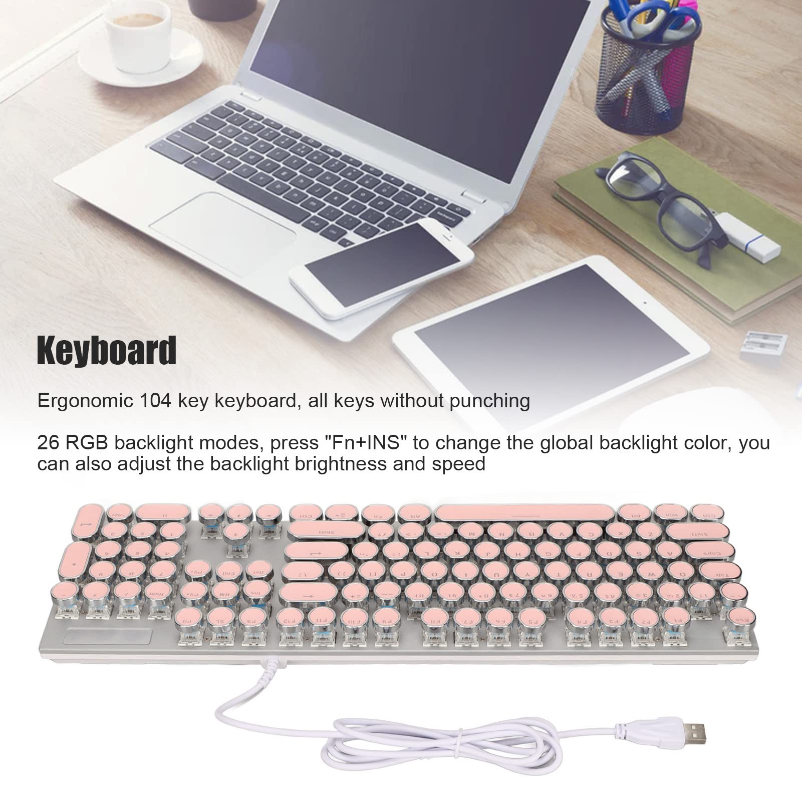 Pomya 104 Keys RGB Backlight Mechanical Keyboard, Retro Steampunk Round Gaming Keyboard, Blue Switch Ergonomic Mechanical Keyboard for Win, for Linux, for OS X(Pink)