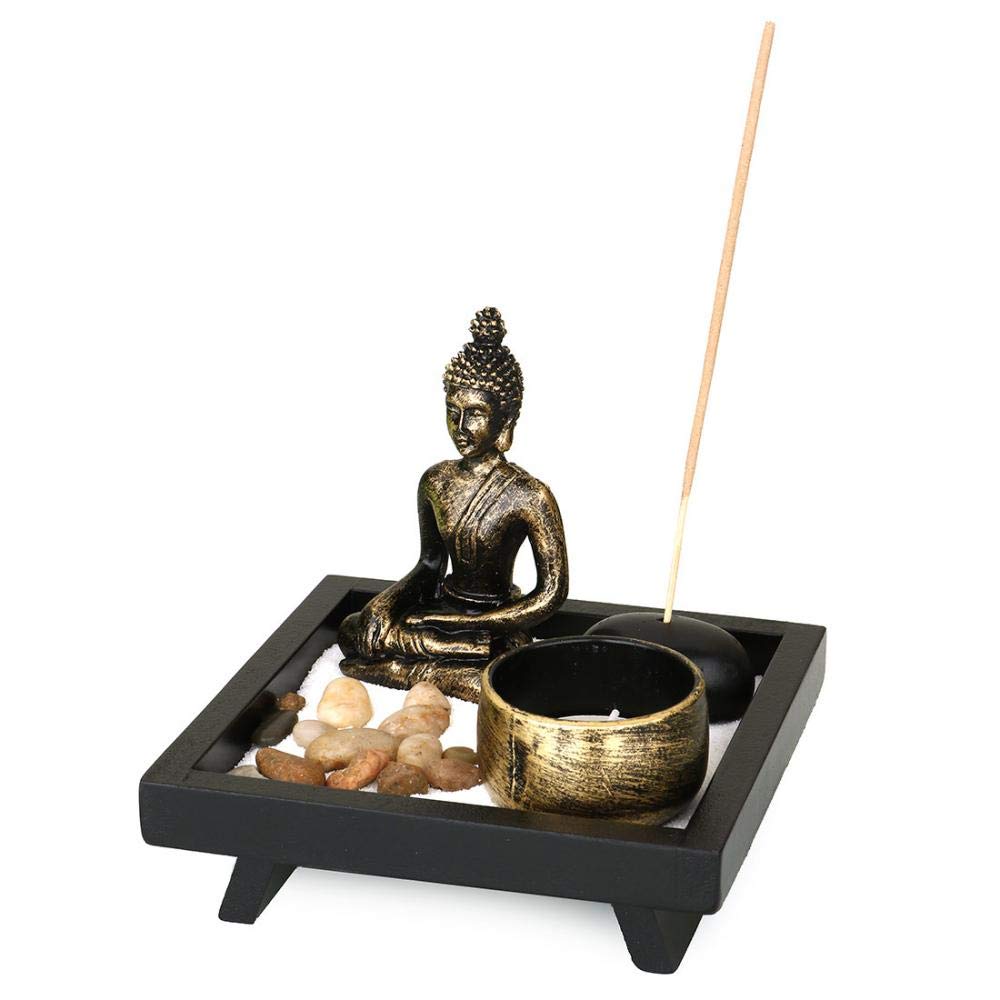 Jessie Tabletop Zen Garden Resin Buddha Incense Holder with 3PCs Incense Sticks, Sand, Cobblestone, Rock Garden Candle Holders for Home Decor