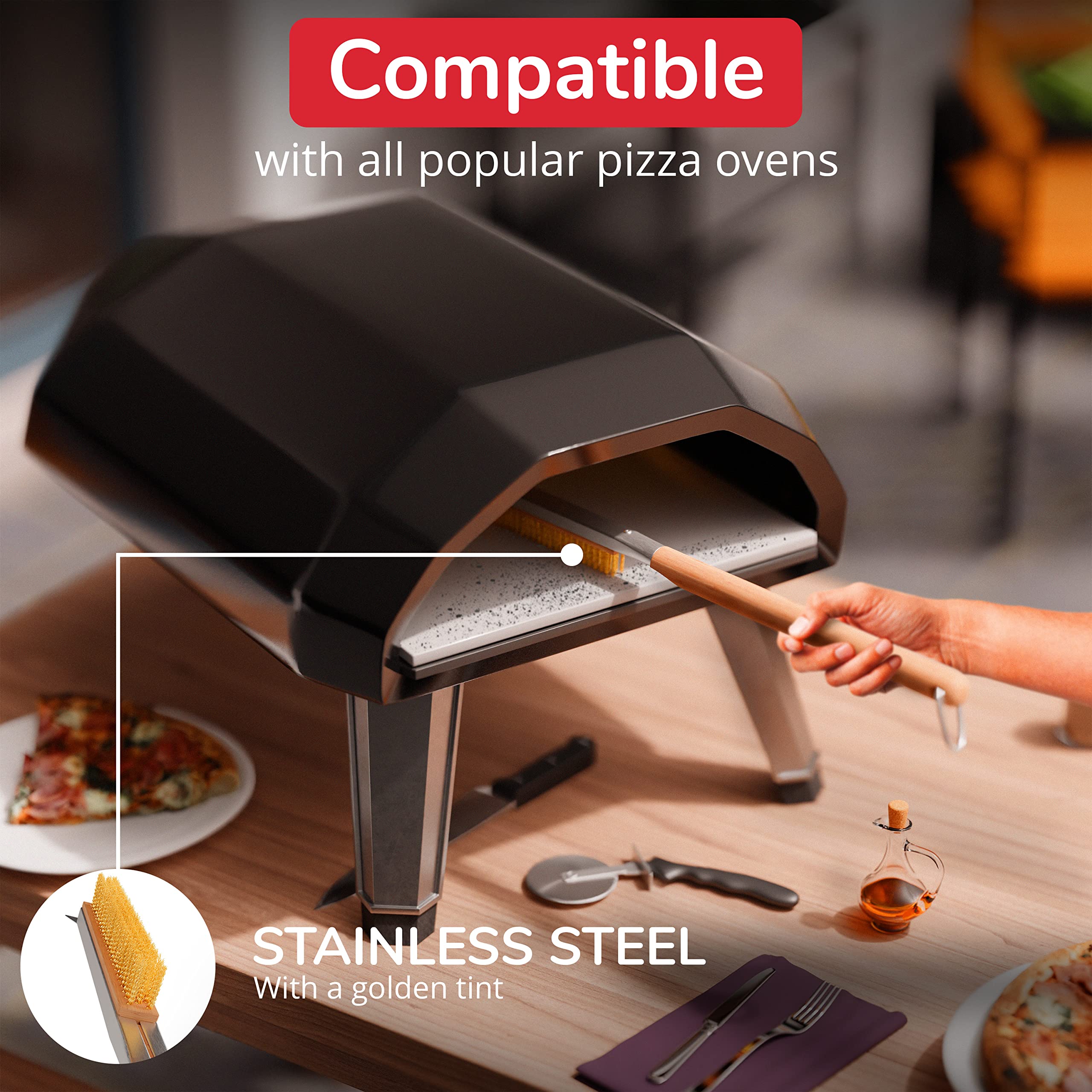 Senwosa 26β Pizza Oven Brush with Stone Scraper - Heat Resistant Stainless Steel Bristles, Extra Long Handle - Compatible with Ooni Ovens - Includes Spare Head