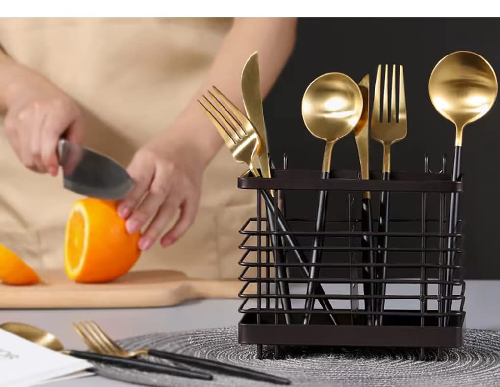 LLygezze Hanging Metal Mesh Utensil Drying Rack, 2 Compartments Draining Basket for Chopsticks Spoon Fork Knife Holder (Coffee)