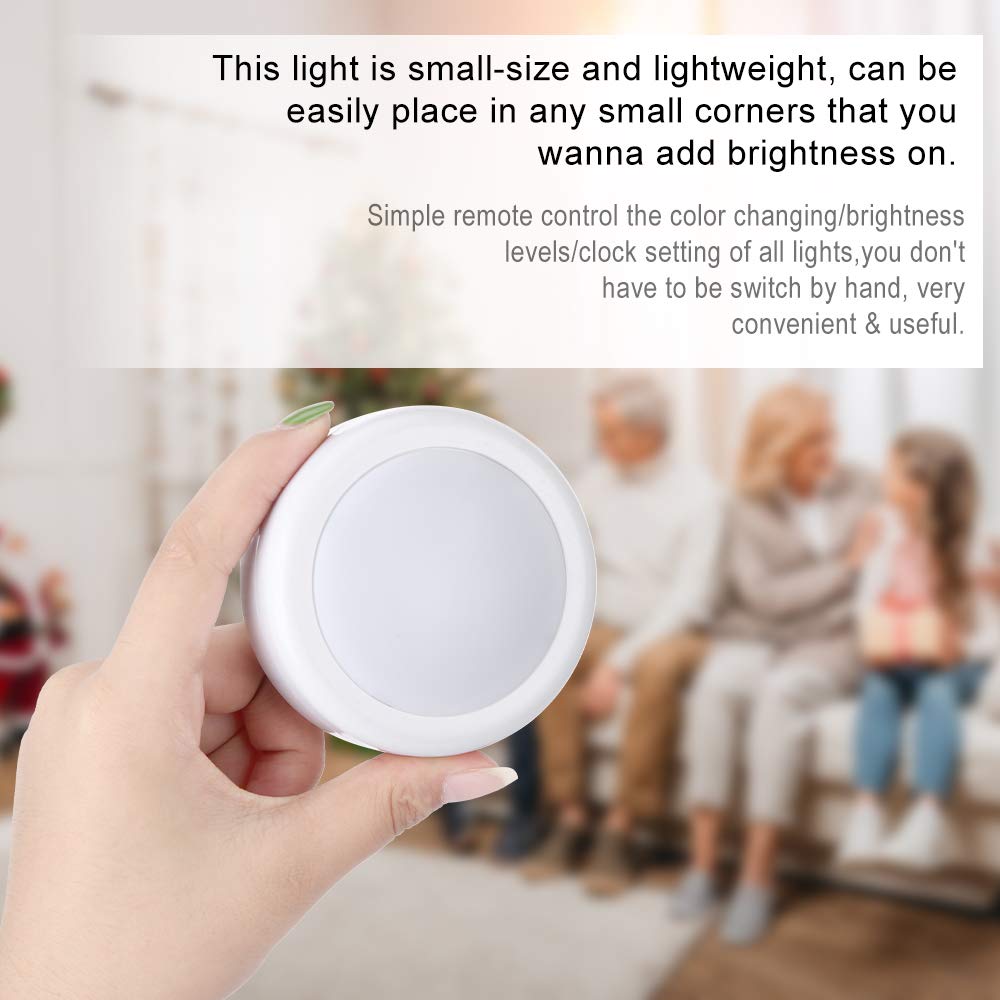 KINDEEP Mini Puck Light with 2 Remote Control, RGB 13 Colors Changing & Dimmable LED Under Cabinet Lighting Battery Powered Closet Lights for Kitchen Stick On Lights-Small Size 3 AAA Battery 6 Pack