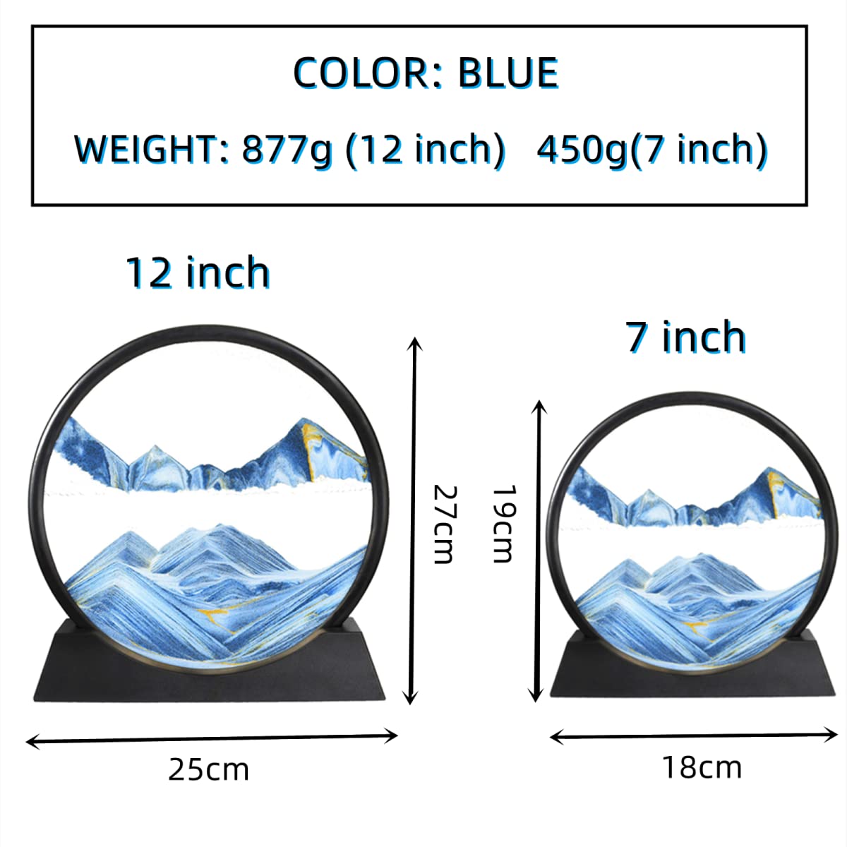 MUNSCVUS Moving Sand Art Picture in Motion, Round Tempered Glass 3D Deep Sea Sandscapes with Display Flowing Sand Frame for Relaxing Desktop Home Office Work Décor for Kids Adults (Blue, 12inch)