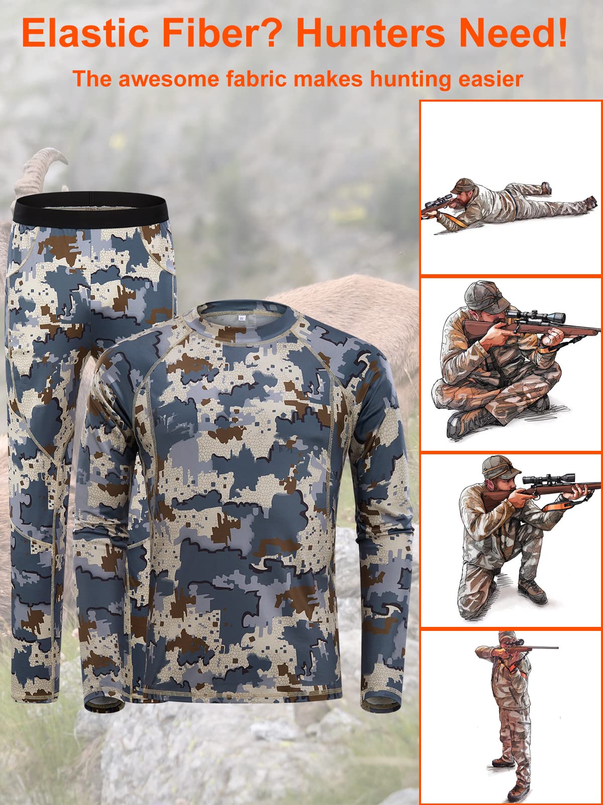 NEW VIEW Hunting Base Layer Underwear Set for Men, Camo Long Sleeve Shirt and Long John Pants