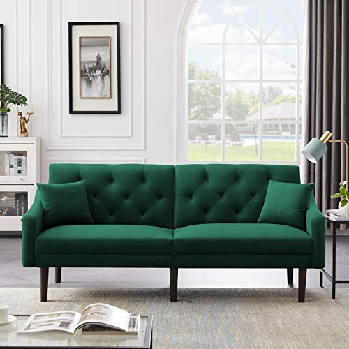 LoLado Futon Sofa Bed Convertible Sleeper Sofa Couch wit Armrests Modern Velvet Sofa Bed for Living Room Office Folding Recliner Futon Couch with Wood Legs (Green)