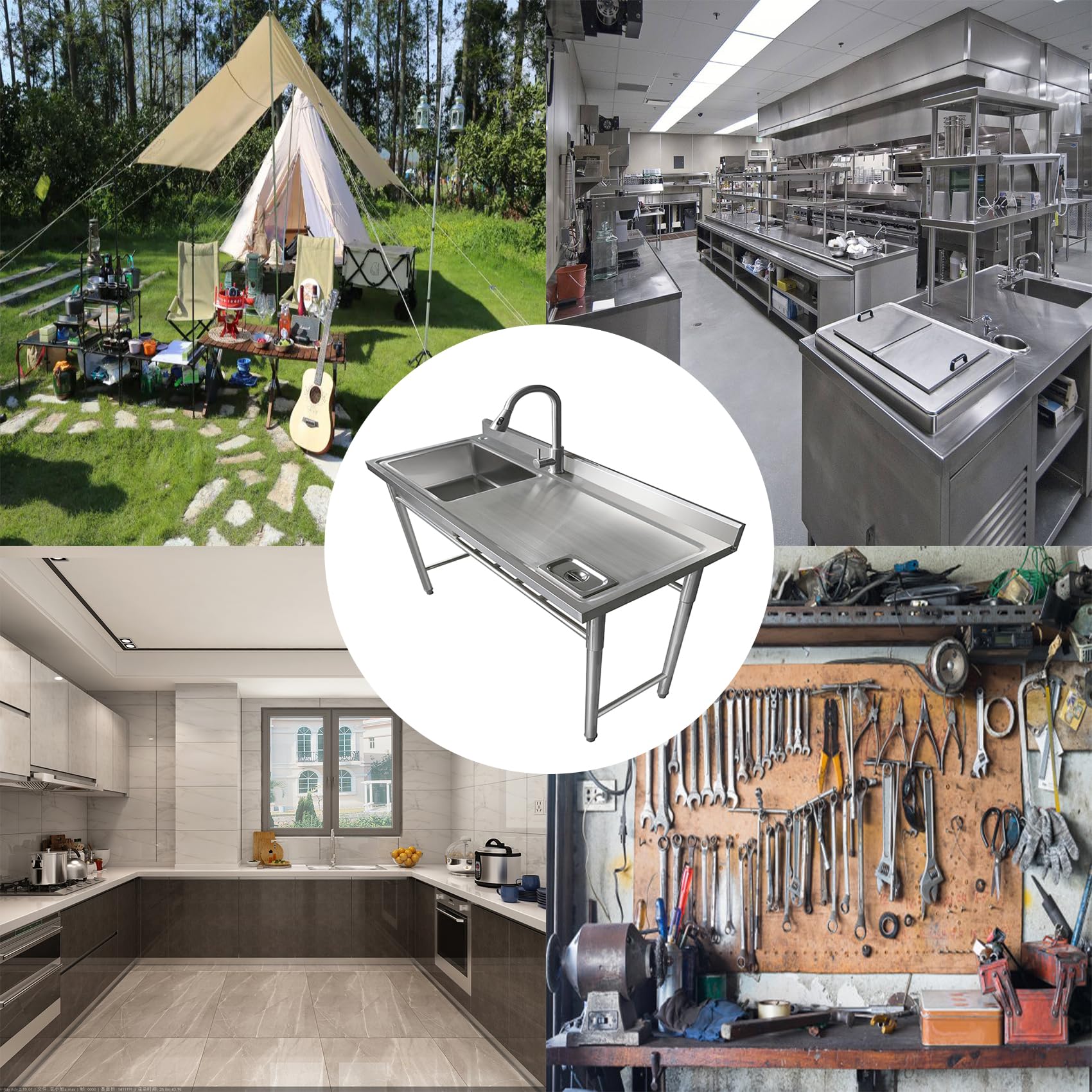 Qian Kun Free 304 Standing Stainless Steel Sink Utility Sink (Pull Down Sprayer & Drain Pipe) FreeStanding Outdoor Kitchen Sinks 47.2 * 19.7 * 35.4 Left Single Bowl Commercial Restaurant Sink NSF