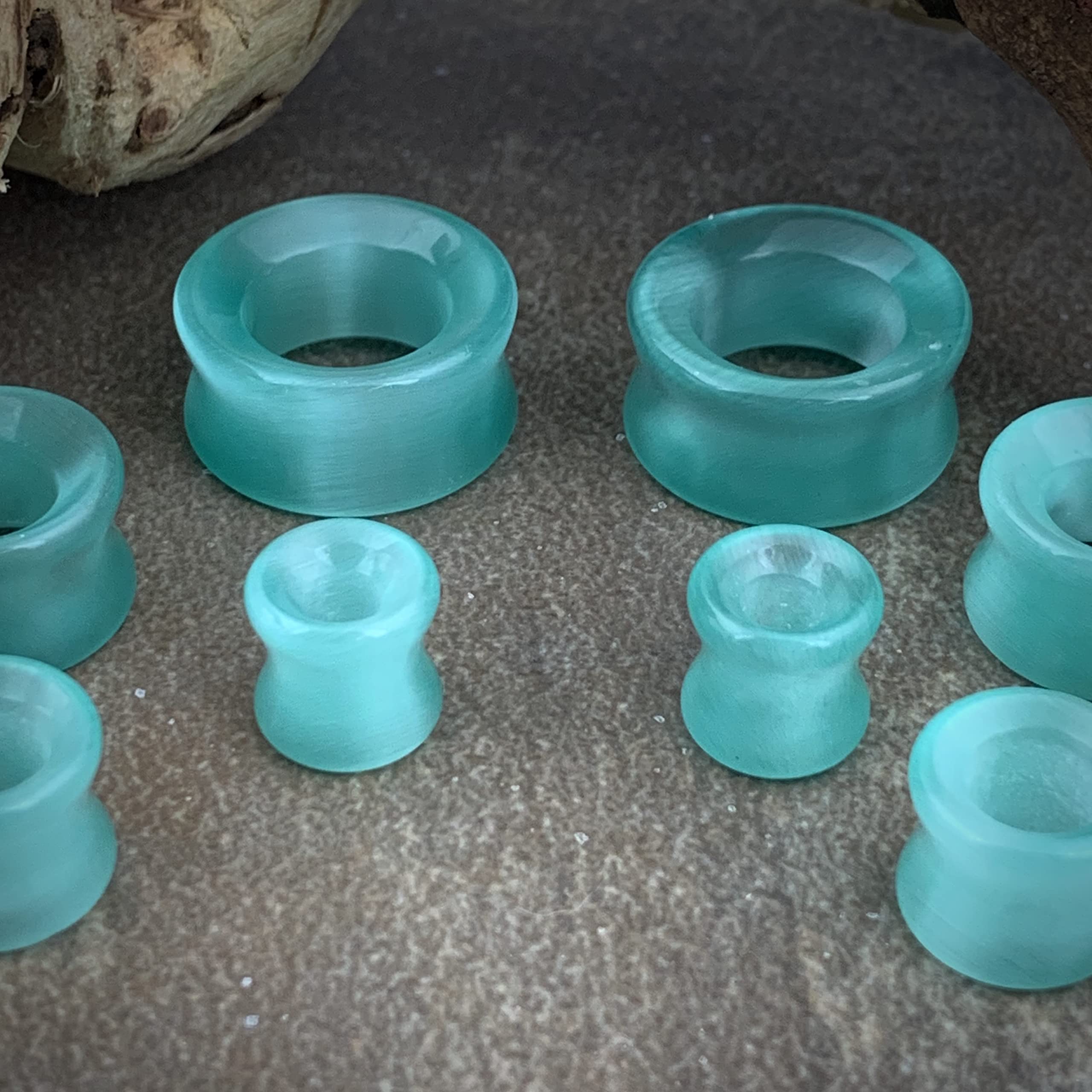 Mystic Metals Body Jewelry Pair of Light Green Cat Eye Stone Concave Tunnels (STN-669) (1" (25mm))