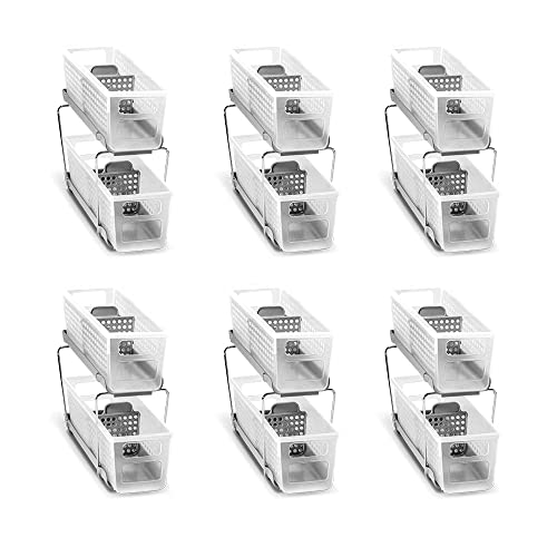 Madesmart 2-Tier Plastic Mini Multipurpose Organizer with Divided Slide-Out Storage Bins, Compact Under Sink and Cabinet Organizer Rack, Frost, Pack of 6