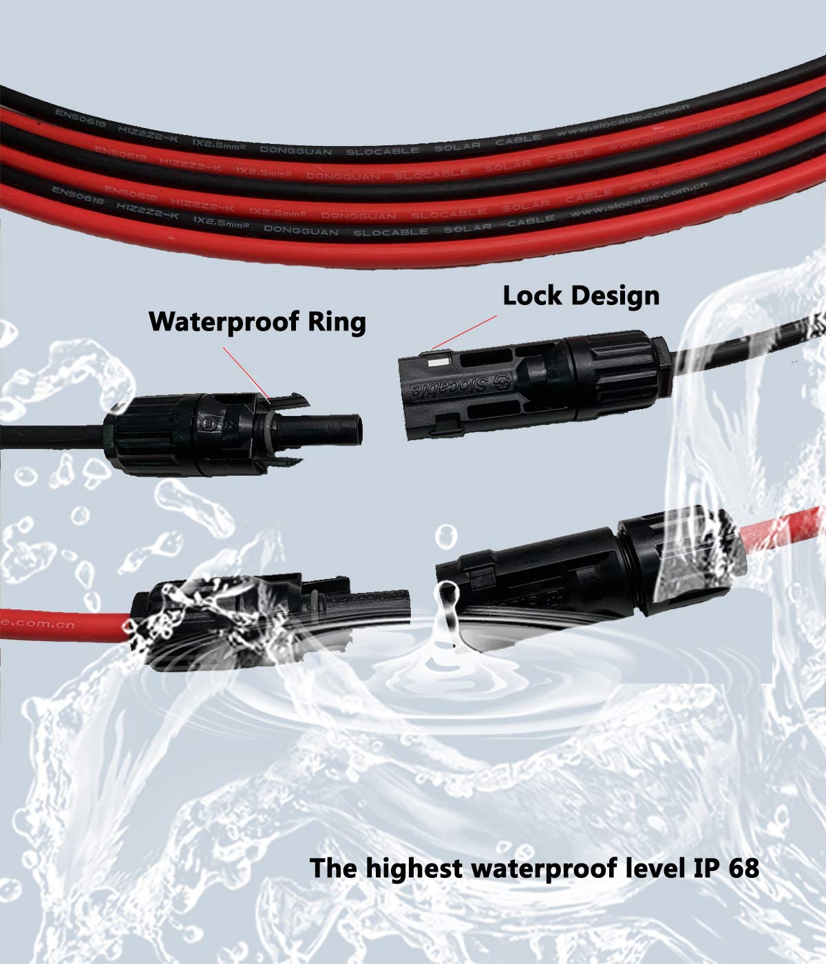 Slocable Solar Panel Extension Cable - 20ft 10awg Solar Cable with IP68 Solar Female and Male PV Cable Connectors (10ft Red + 10ft Black)