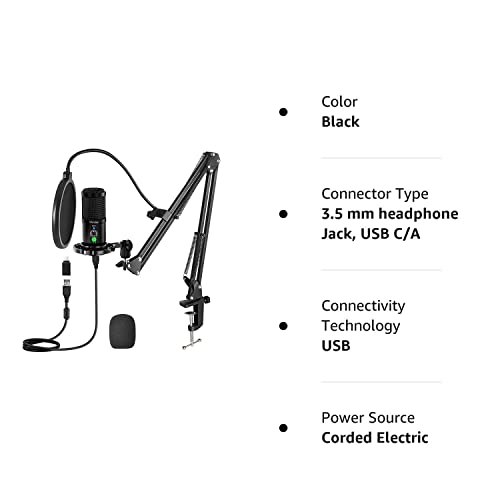 Mercase USB Condenser Microphone, 192KHZ/24Bit Mic kit Plug & Play with Mute Button,Real-time Monitoring, Noise Canceling,Microphone with Adjustment Arm Stand