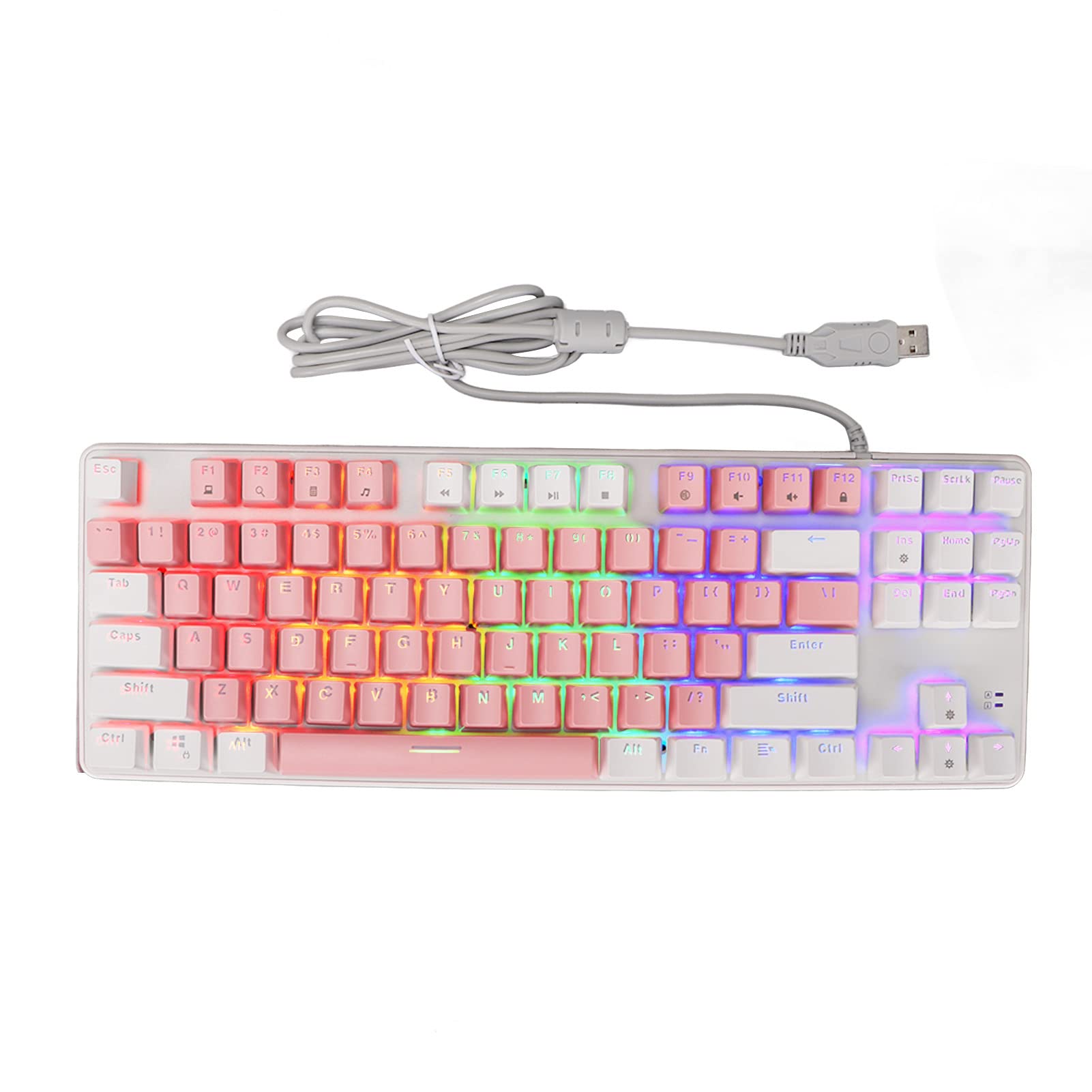 Pomya RGB Backlit Keyboard, 87 Key Mechanical Gaming Keyboard, USB Wired Mechanical Keyboard, Blue Switch for PC Laptop Desktop Computer(Pink White)