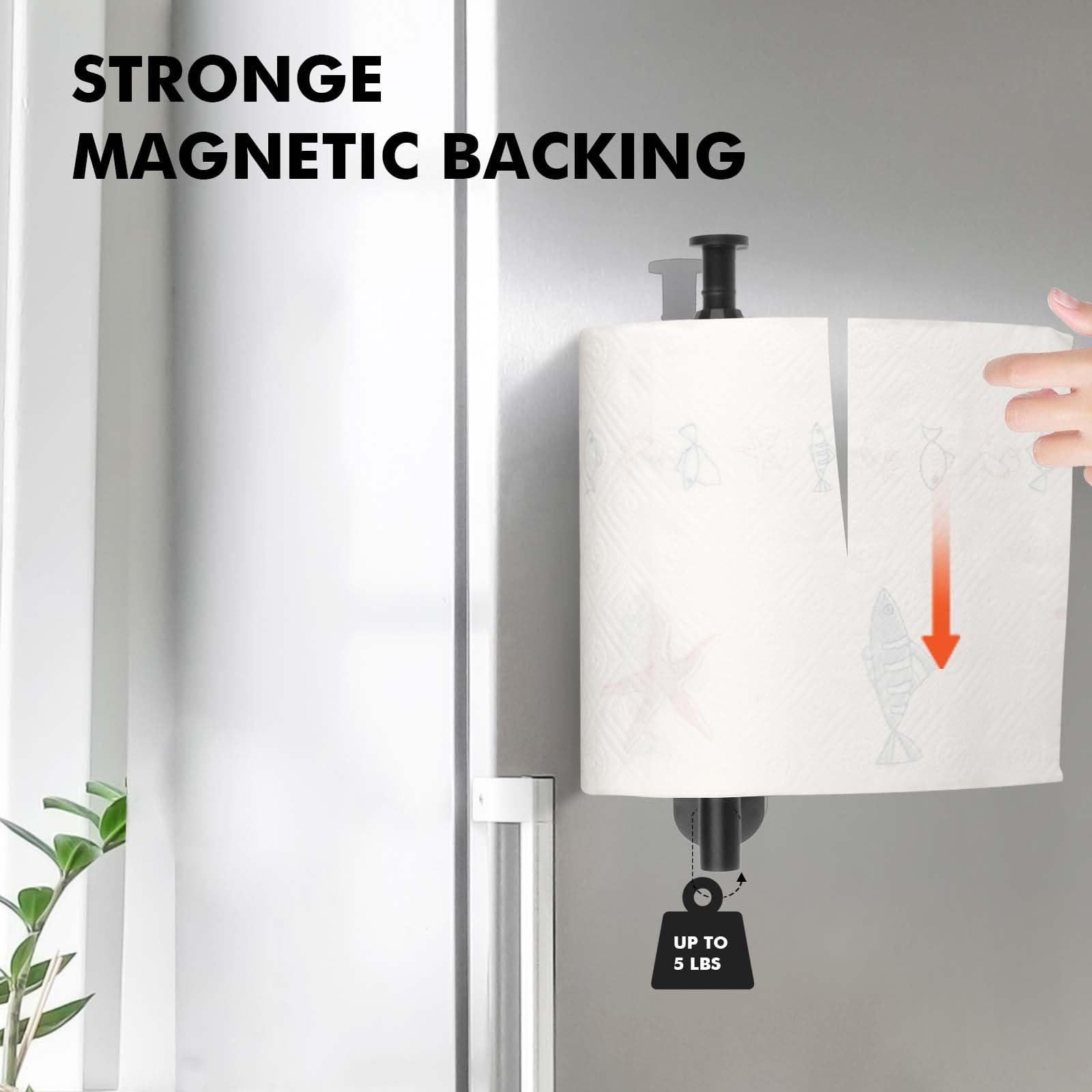 KIHOGEM Magnetic Paper Towel Holder,One Hand Operable Paper Towel Holder Wall Mount Self Adhesive and Strong Magnetic Backing for Kitchen Refrigerator Grill RV(Black)