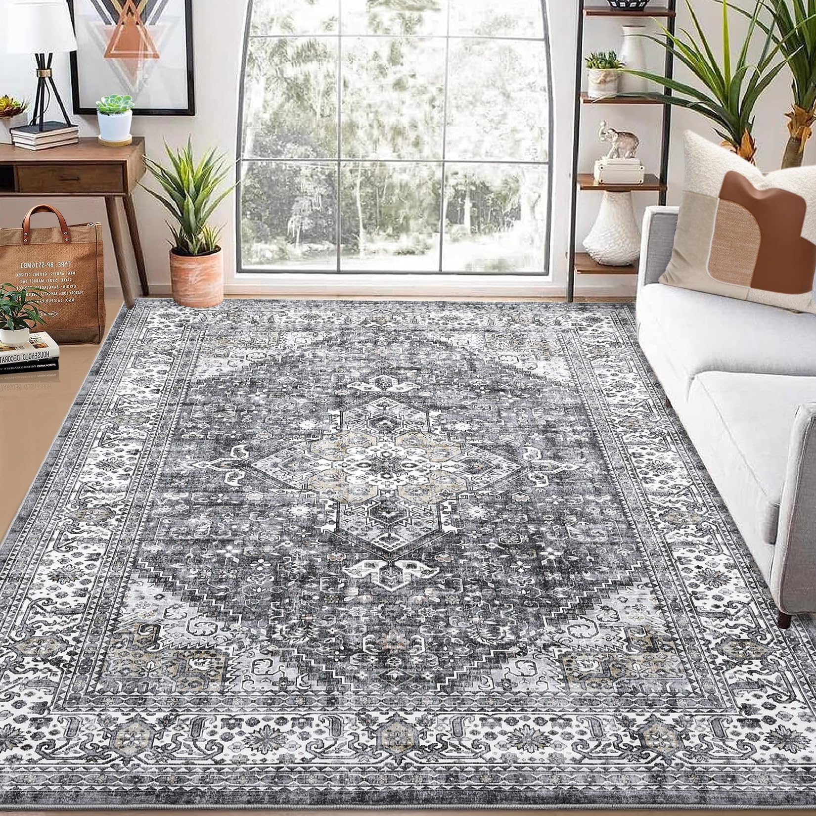 ROYHOME 8x10 Area Rug Machine Washable Rug for Living Room Vintage Medallion Distressed Indoor Accent Rug Stain Resistant Non-Slip Traditional Boho Floor Cover Carpet Rug for Home Decor, Grey