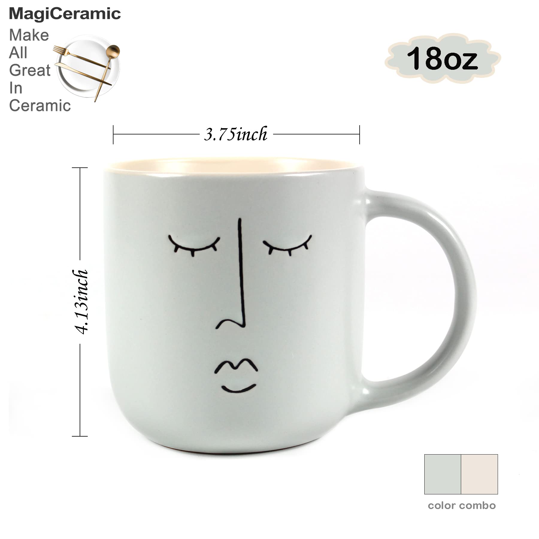 MagiCeramic 18 Oz Coffee Mug Yellow Tazas De Cafe Bonitas Microwave Large Clay Line Art Simple Modern Cup Fancy Diner Latte Personalized Artsy Gifts for Women Men, Yellow