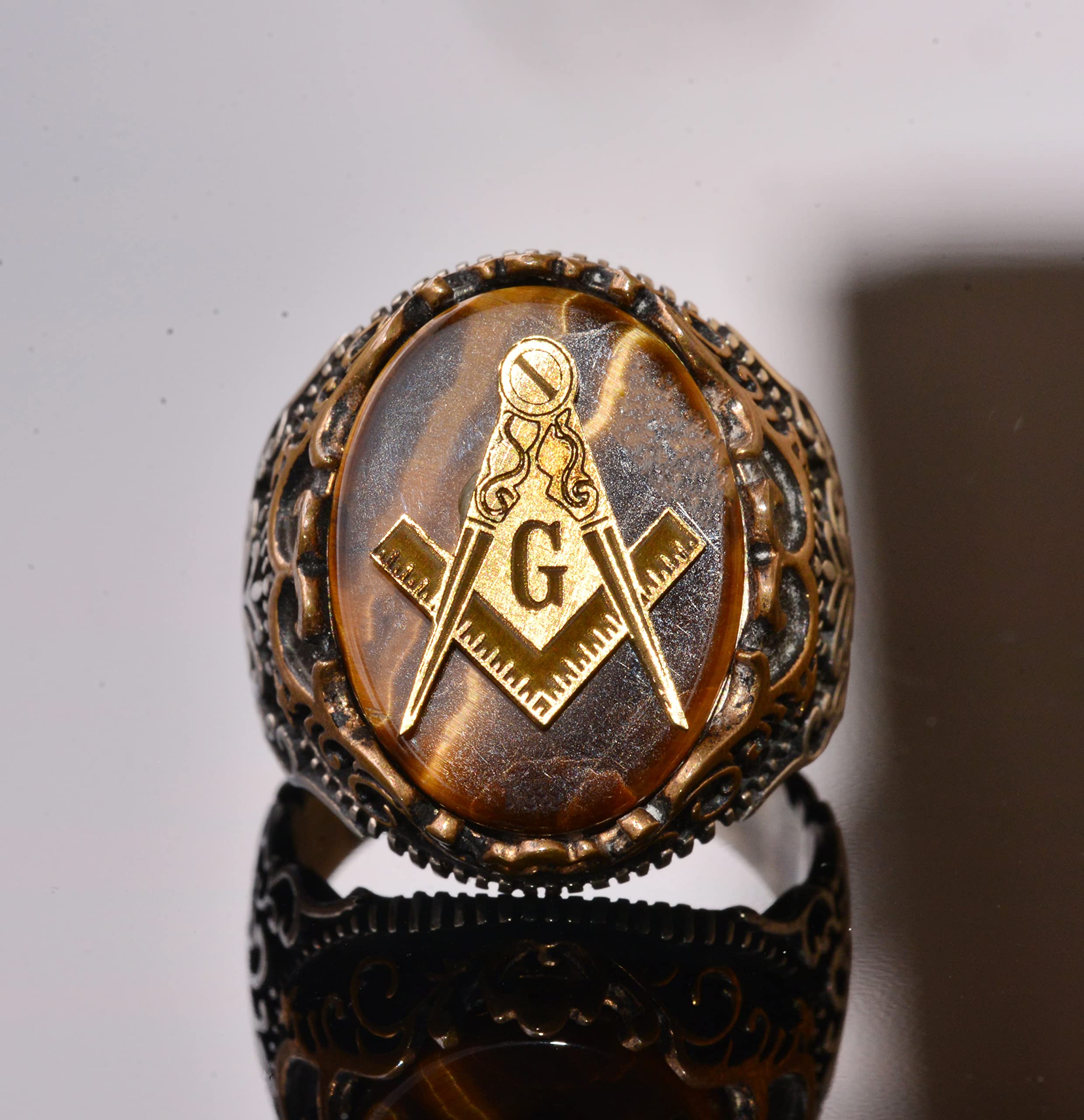 Men's Natural Tiger Eye Masonic Ring, 925 Sterling Silver, Handcrafted with Ornate Design
