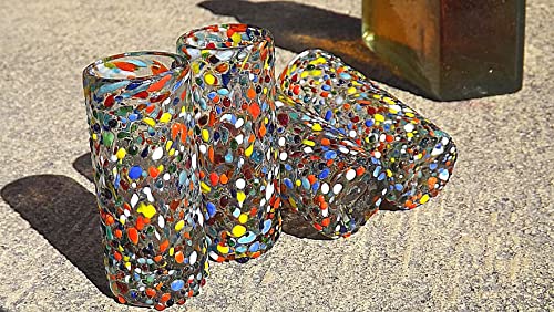 MEXTEQUIL - Authentic Mexican Tequila Shot Glasses - Tequila Set of shot glasses - 4 pcs - 2 Oz - Mexican Hand Blown Shot Glass (Confetti)