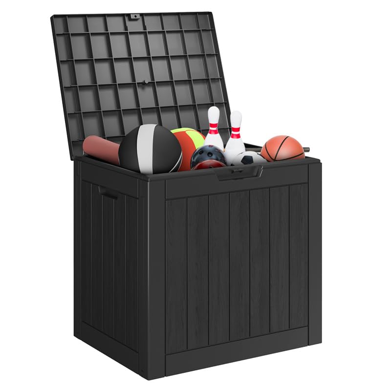 ROJIK Outdoor Storage Housing Deck Box - Waterproof Patio Furniture, Garden Tools, Cushions, Pool Accessories Storage Bench with Lockable Lid and Side Handles (Black, 45 Gal)