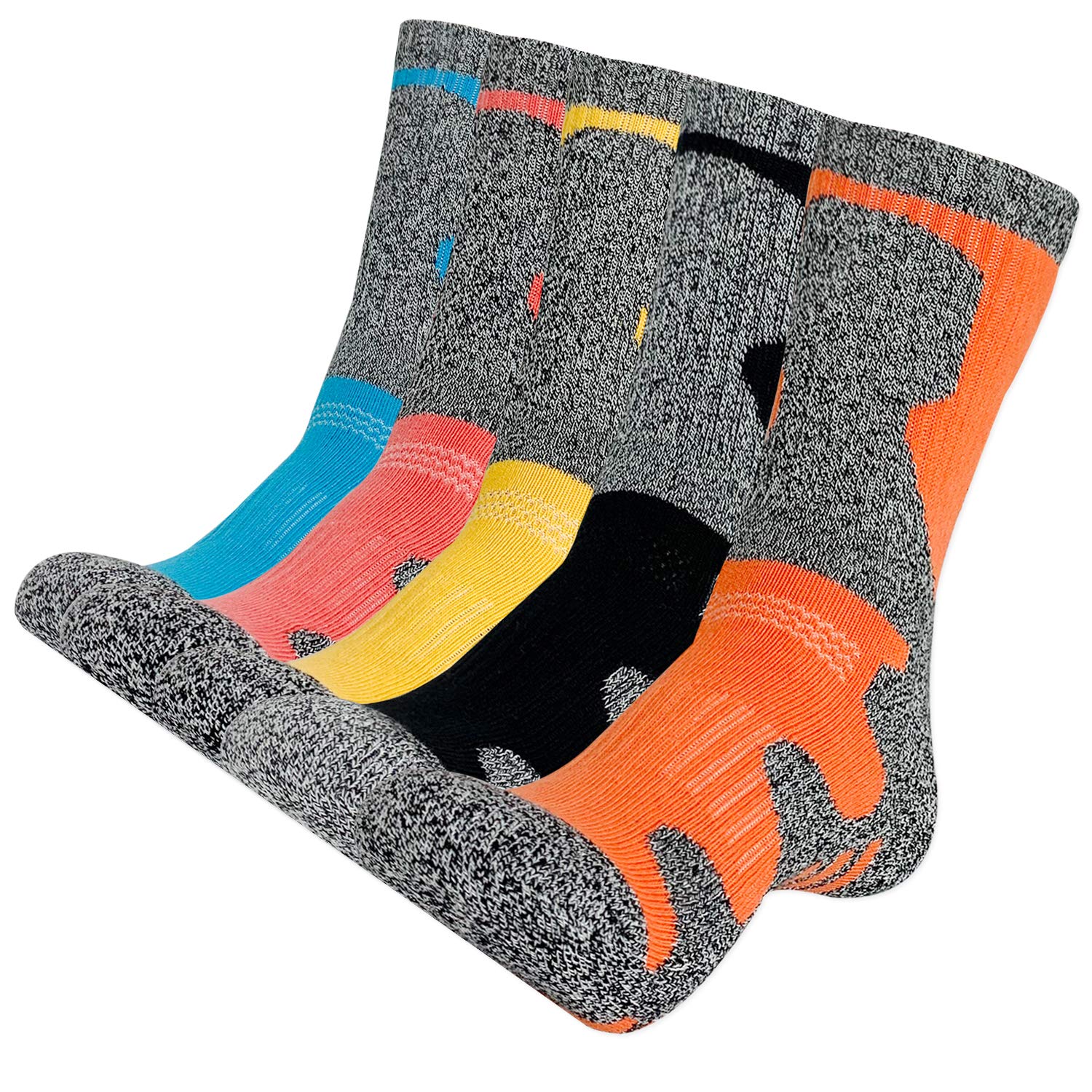 KONY Womens Cotton Full Cushioned Hiking Socks, 5 Pack Moisture Wicking Outdoor Trekking Crew Socks (Mix-3, Medium (US Shoe Size 6-8.5))
