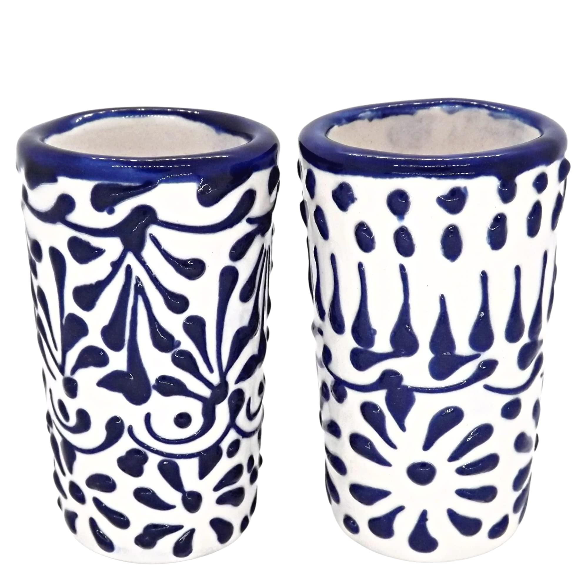 MEXTEQUIL - Talavera Shot Glasses Set of 4 Authentic Mexican Tequila Shot Glasses - Hand-painted - 2 Oz (Blue Lace)