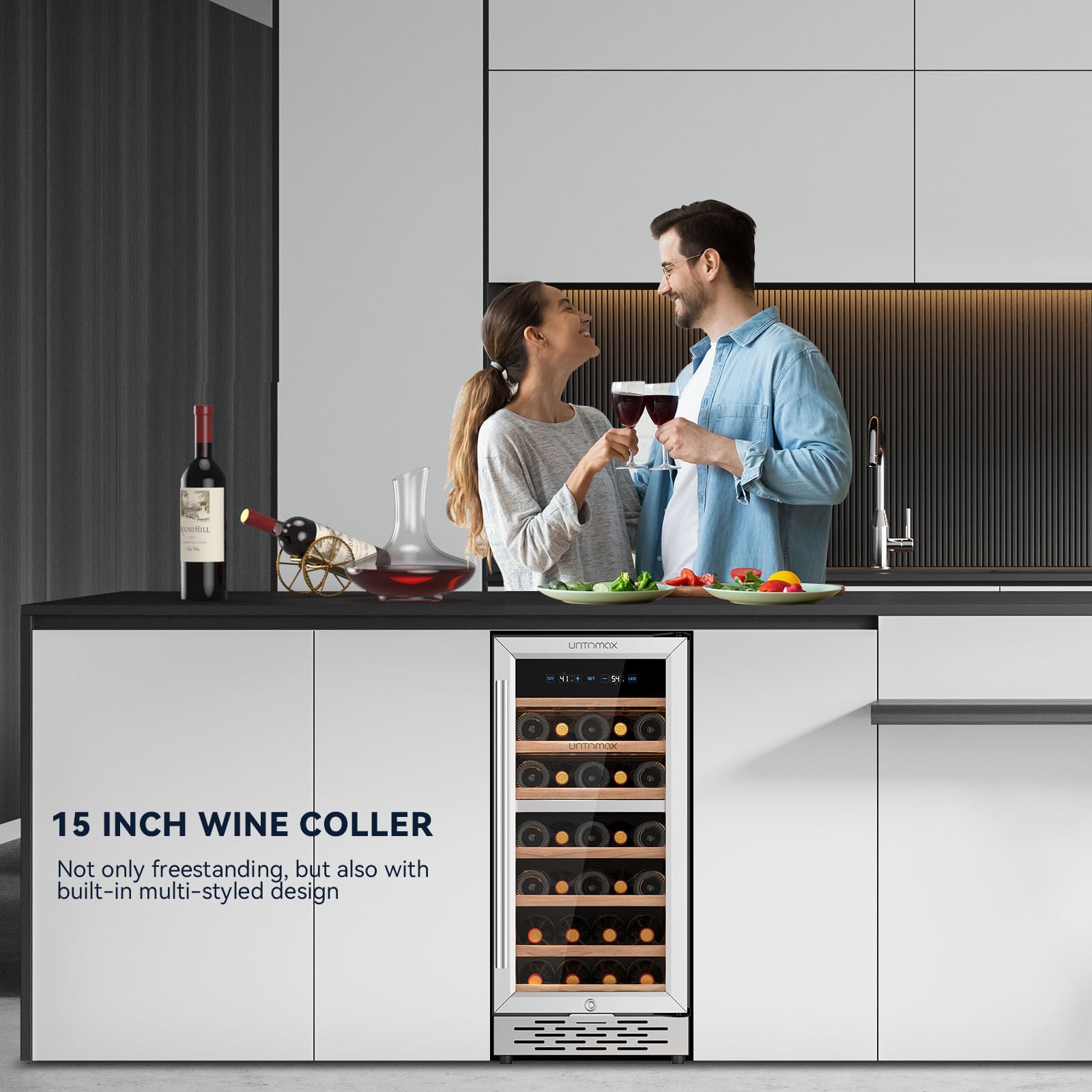 UNTOMAX 33 Bottles Wine Fridge Dual Zone Wine Cooler Refrigerator, 41-68β Freestanding Wine Cellar Built In for Red/White/Champagne, Temperature Memory Quiet Compressor Kitchen/Office, Stainless Steel