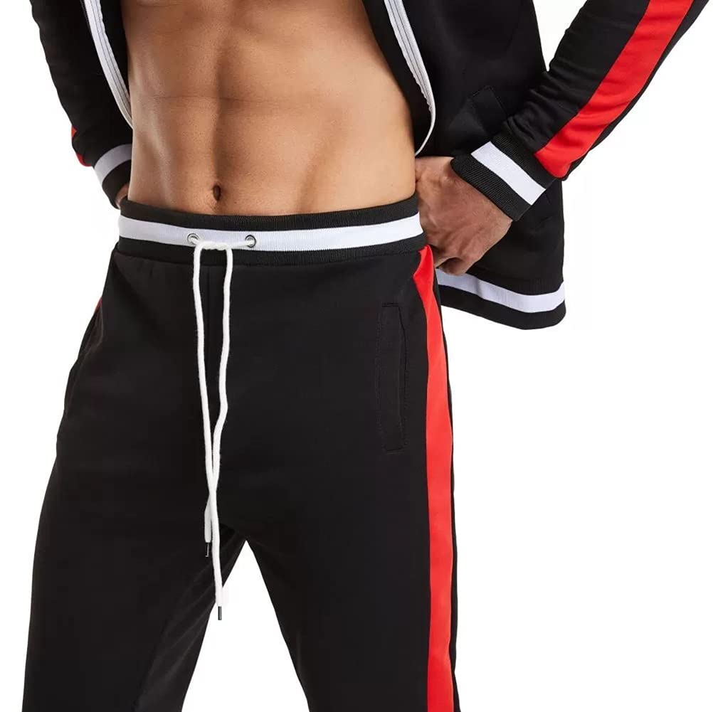 LeerKing Men's Tracksuit Activewear Joggers Sports Set Full Zip Sweat Suit for Training Workout Youth Teens,Black & Red,M